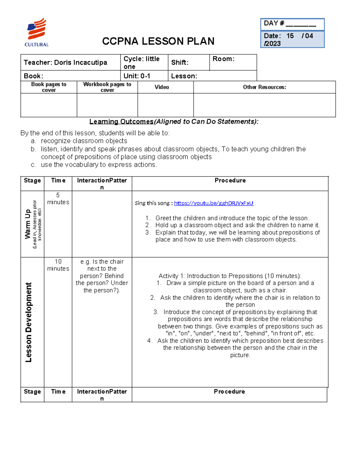CCPNA 15 Lesson Plan: Teaching Prepositions with Classroom Objects ...