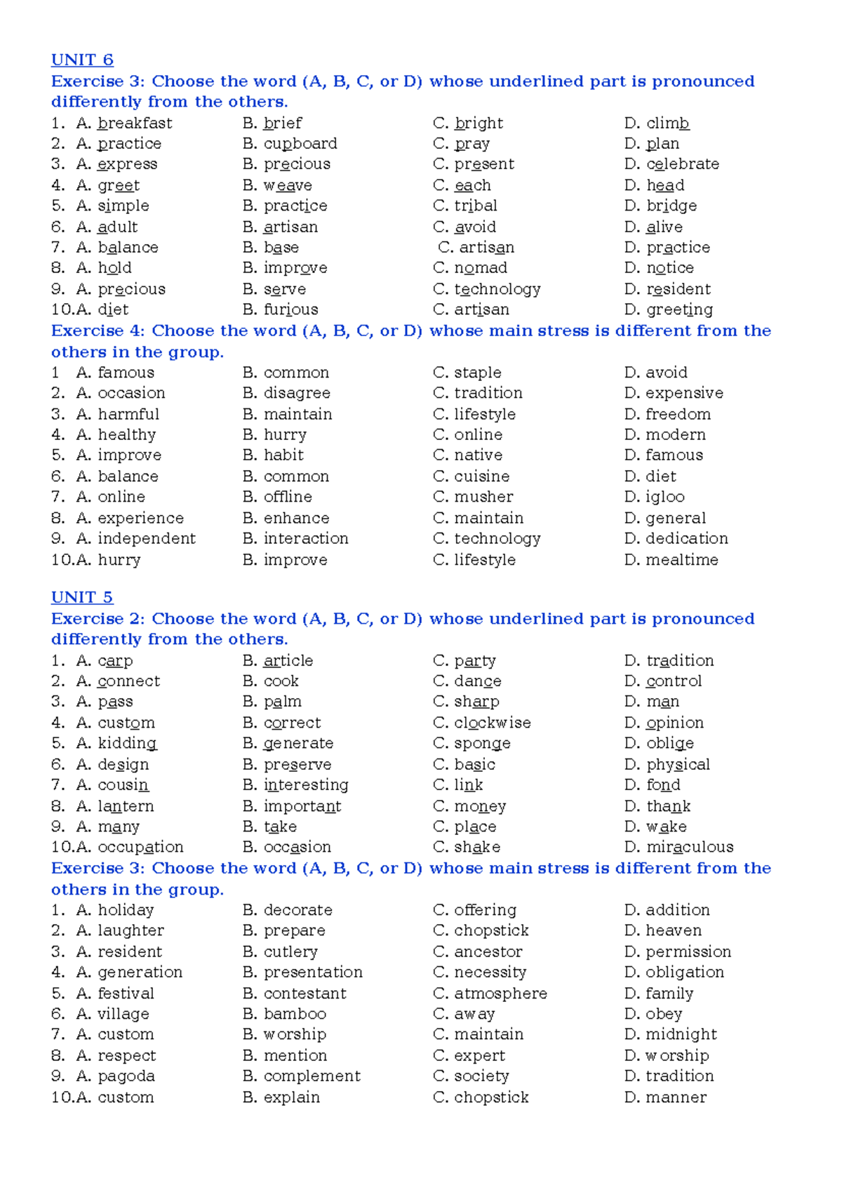 Stress Exercises - UNIT 6 & 5 - Pronunciation & Stress Patterns - Studocu