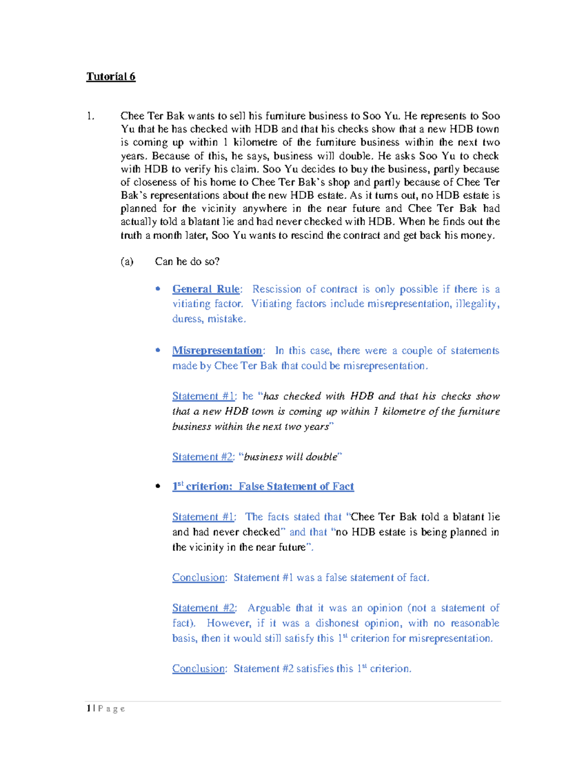 Law Tutorial 6: Misrepresentation & Contractual Issues Analysis - Studocu