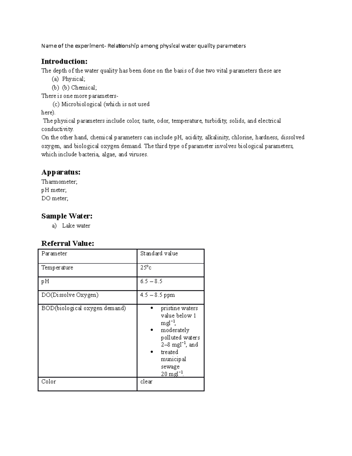 Water parameters lab report - Name of the experiment- Relationship ...