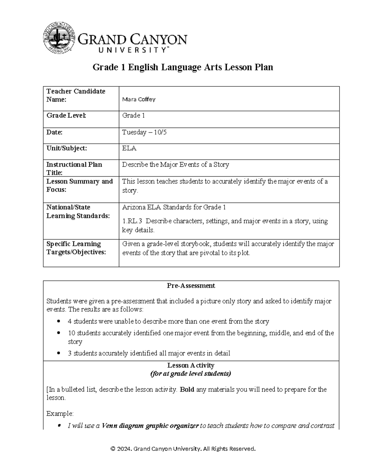 ECE-220-ELA Grade 1 Lesson Plan on Major Story Events - Studocu