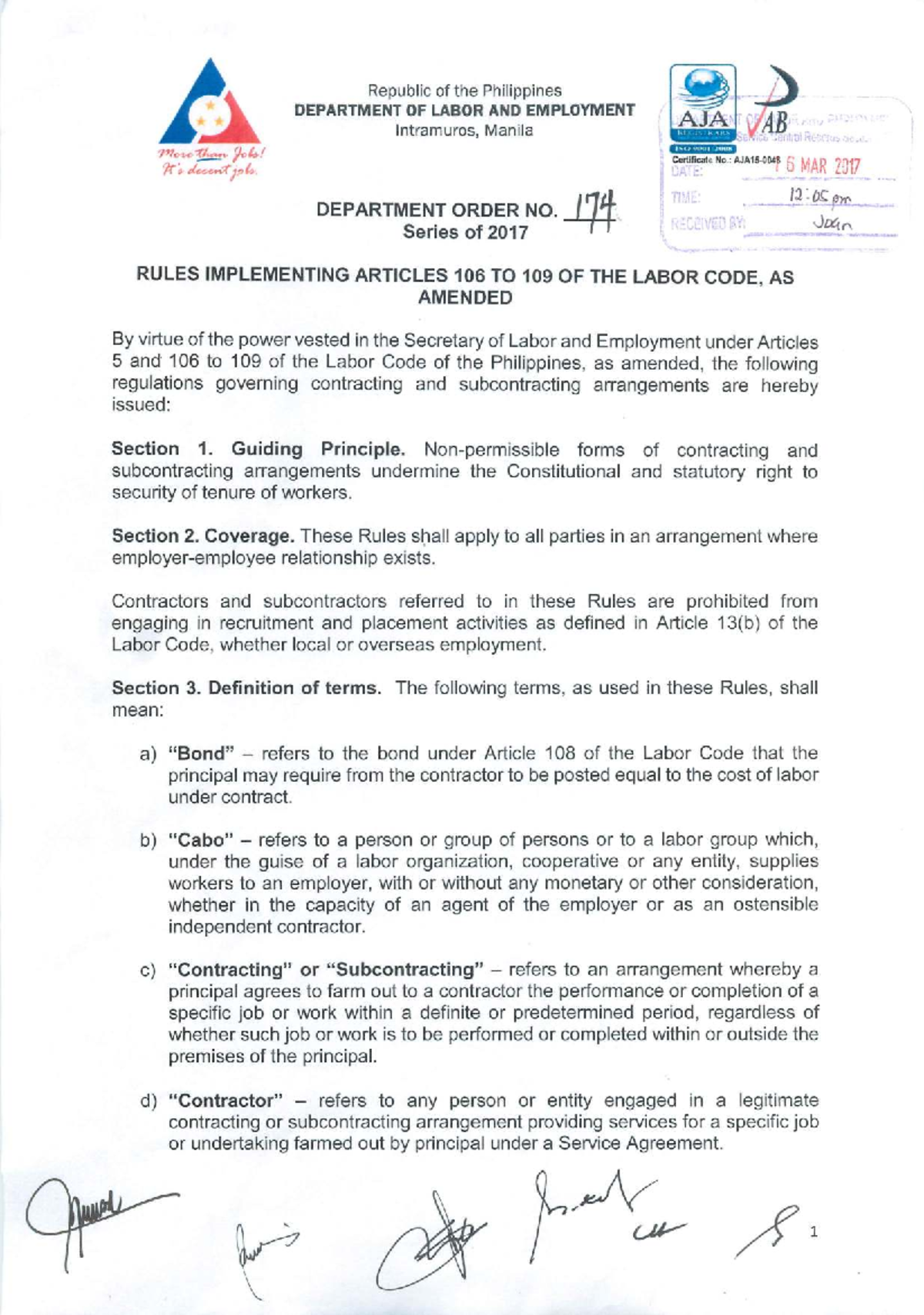 DO 174-17: Rules Implementing Articles 106-109 of the Labor Code - Studocu