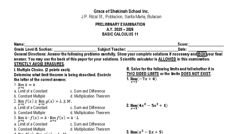 BASIC CALCULUS 11 PRELIMINARY EXAM A.Y. 2025-2026 - Studocu