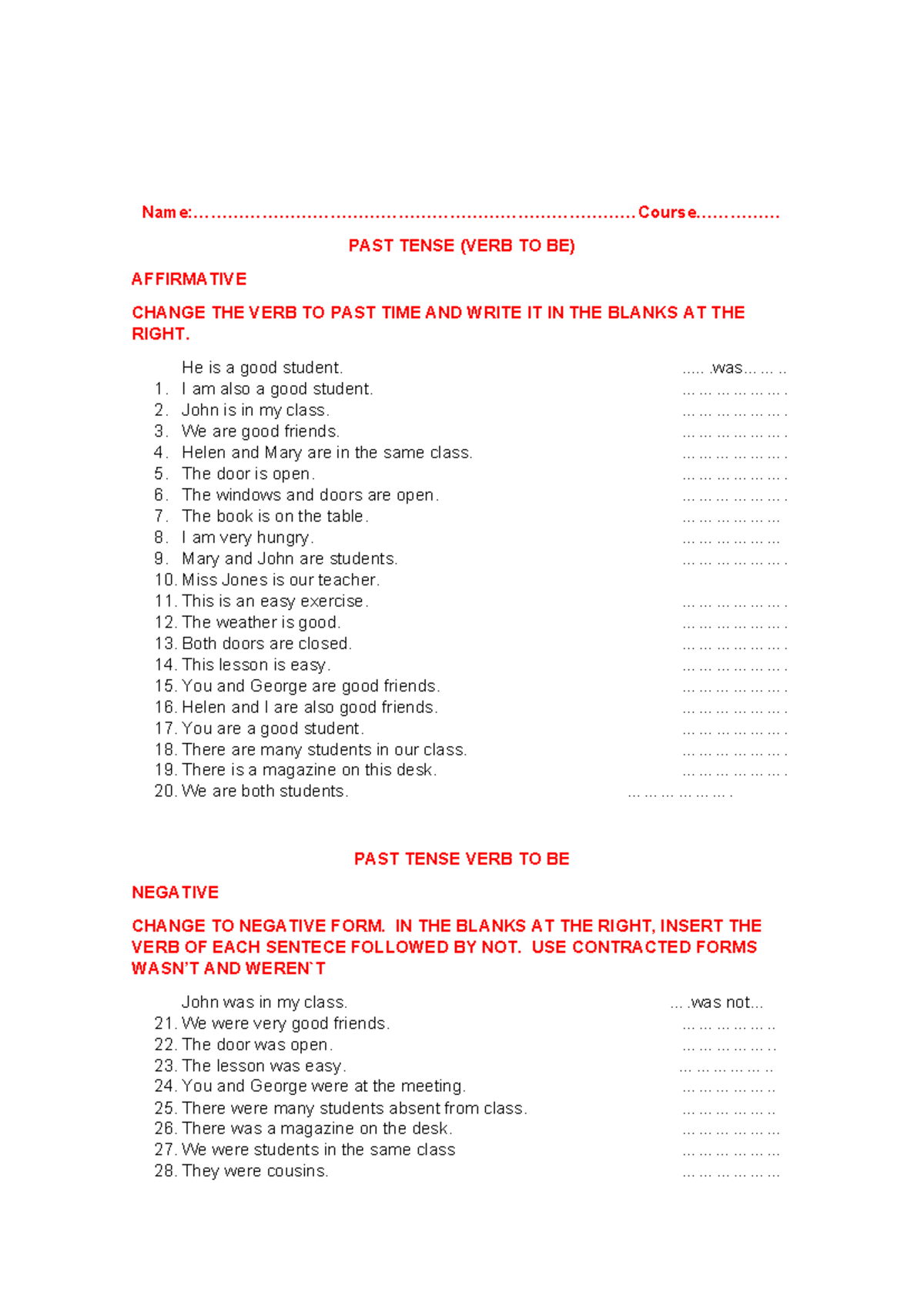 Simple Past Tense: Verb to Be - English Questions (ENG 101) - Studocu