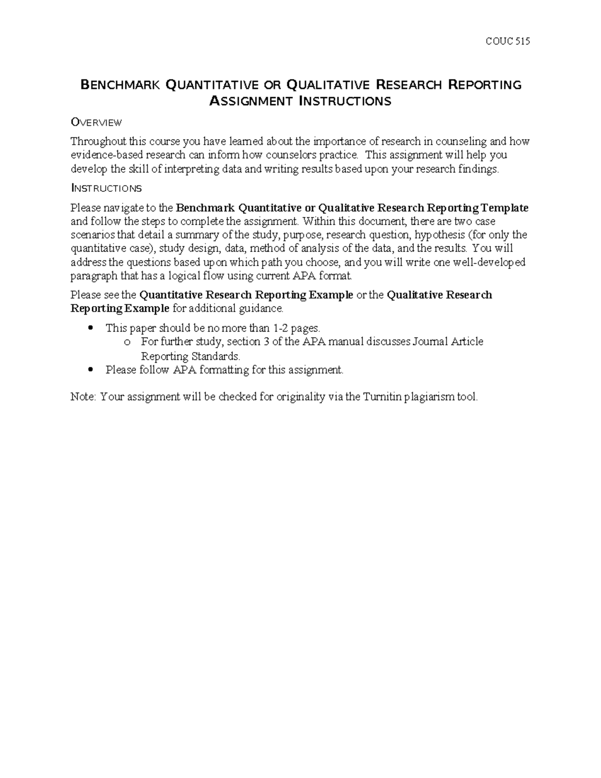 COUC 515 Benchmark Assignment: Research Reporting Instructions - Studocu