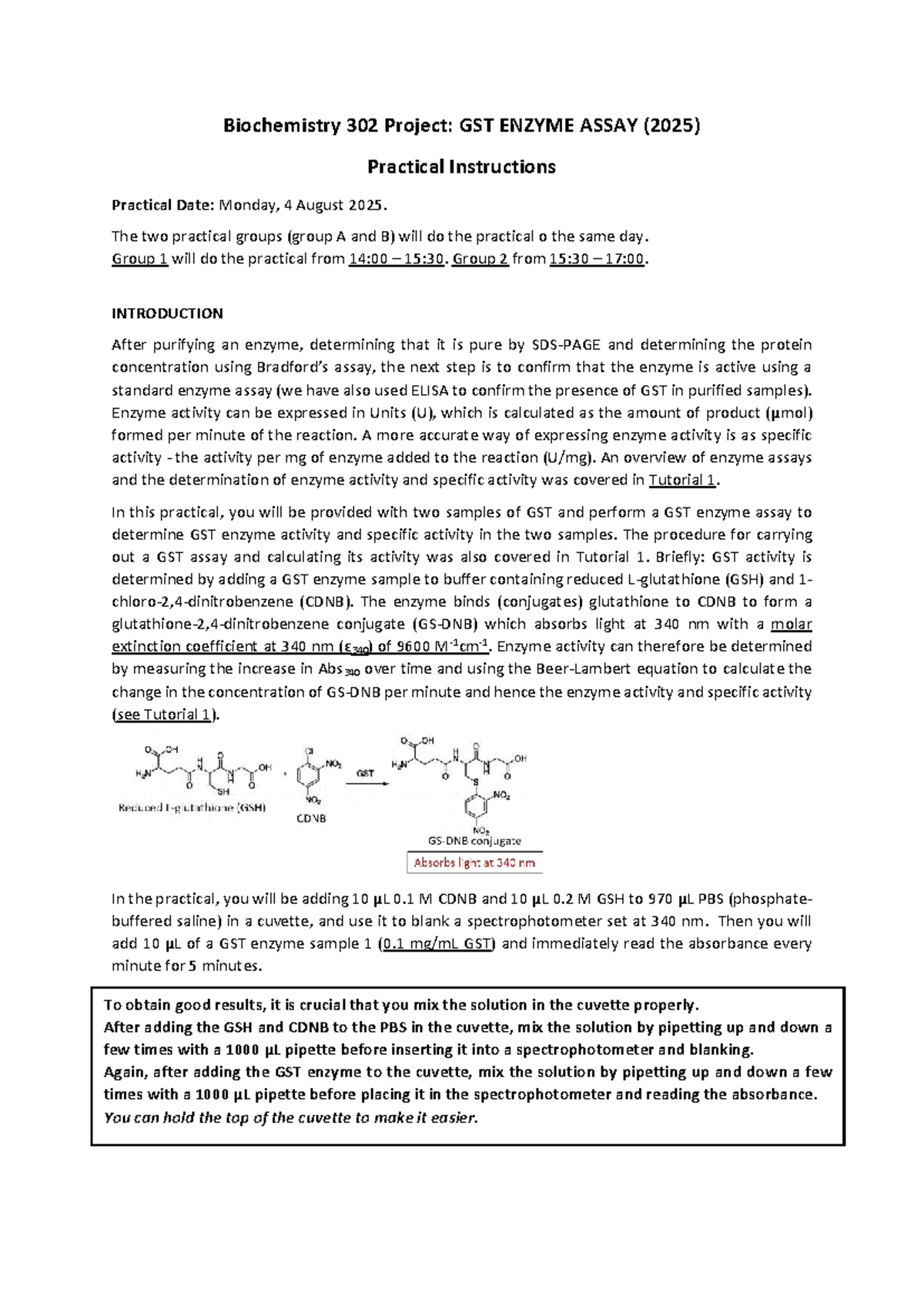 Biochemistry 302 Practical: GST Enzyme Assay Instructions (2025) - Studocu