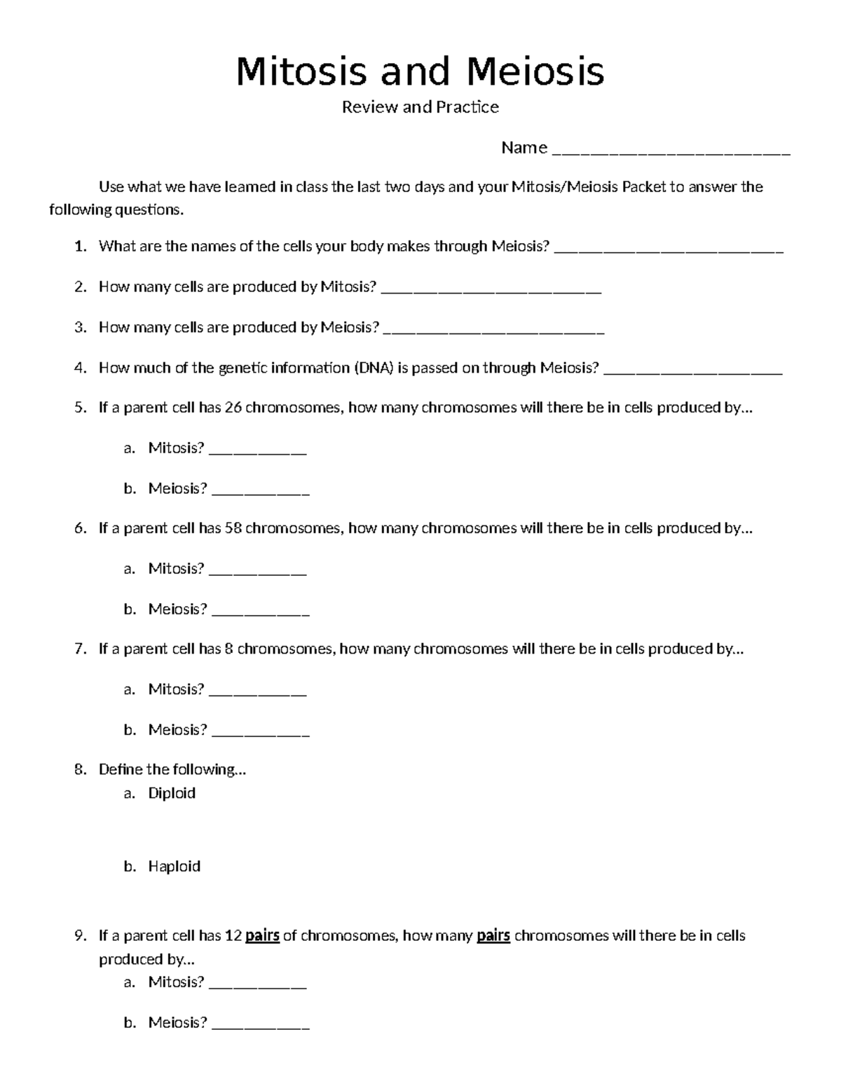 Mitosis Meiosis WKS - Mitosis and Meiosis Review and Practice Name
