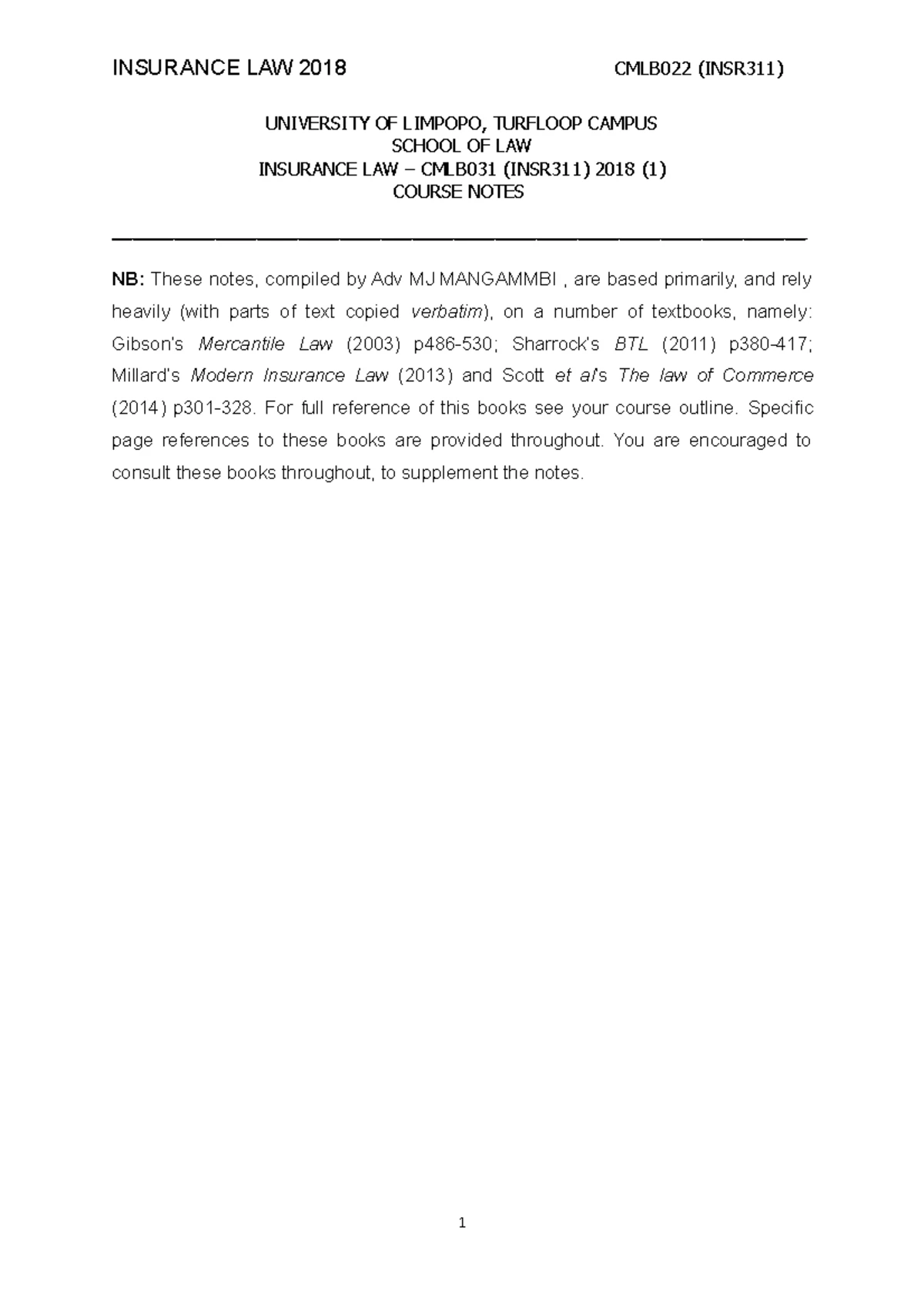 Insurance law summaries - General principles of insurance law Ch 1 ...