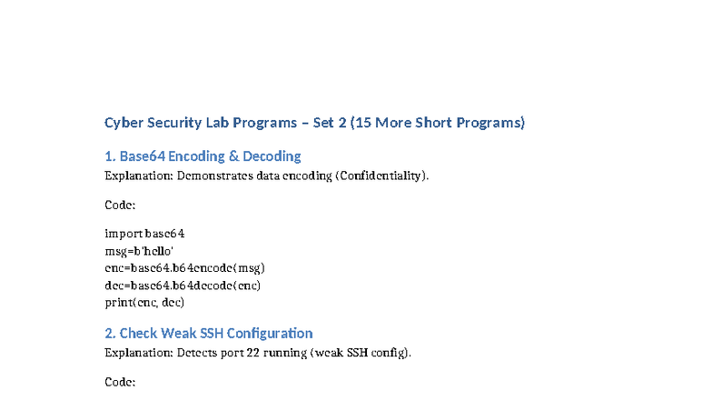 Cyber Security Lab Programs Set 2: 15 Short Coding Examples - Studocu