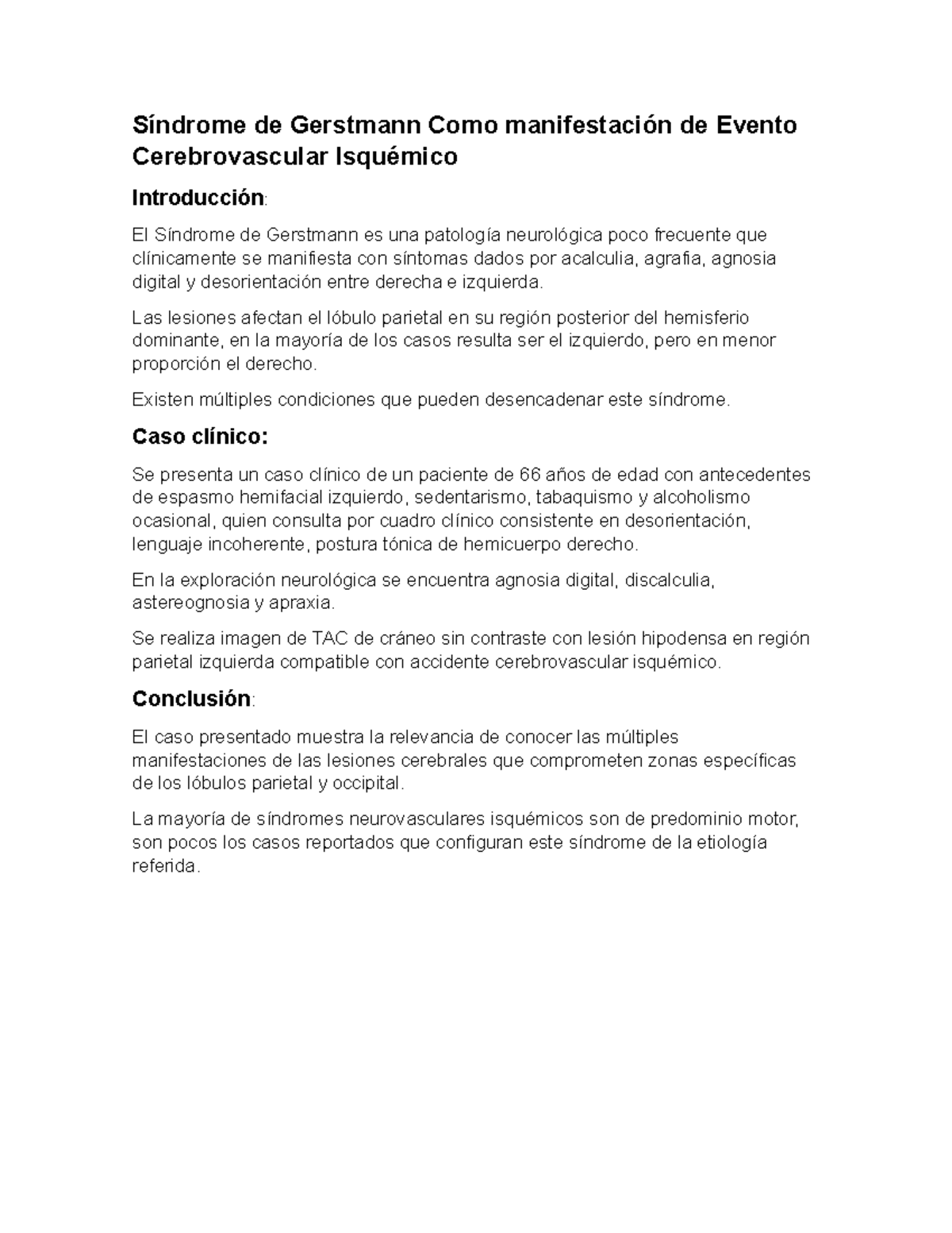 CASO Clínico: Síndrome de Gerstmann en Evento Cerebrovascular Isquémico ...