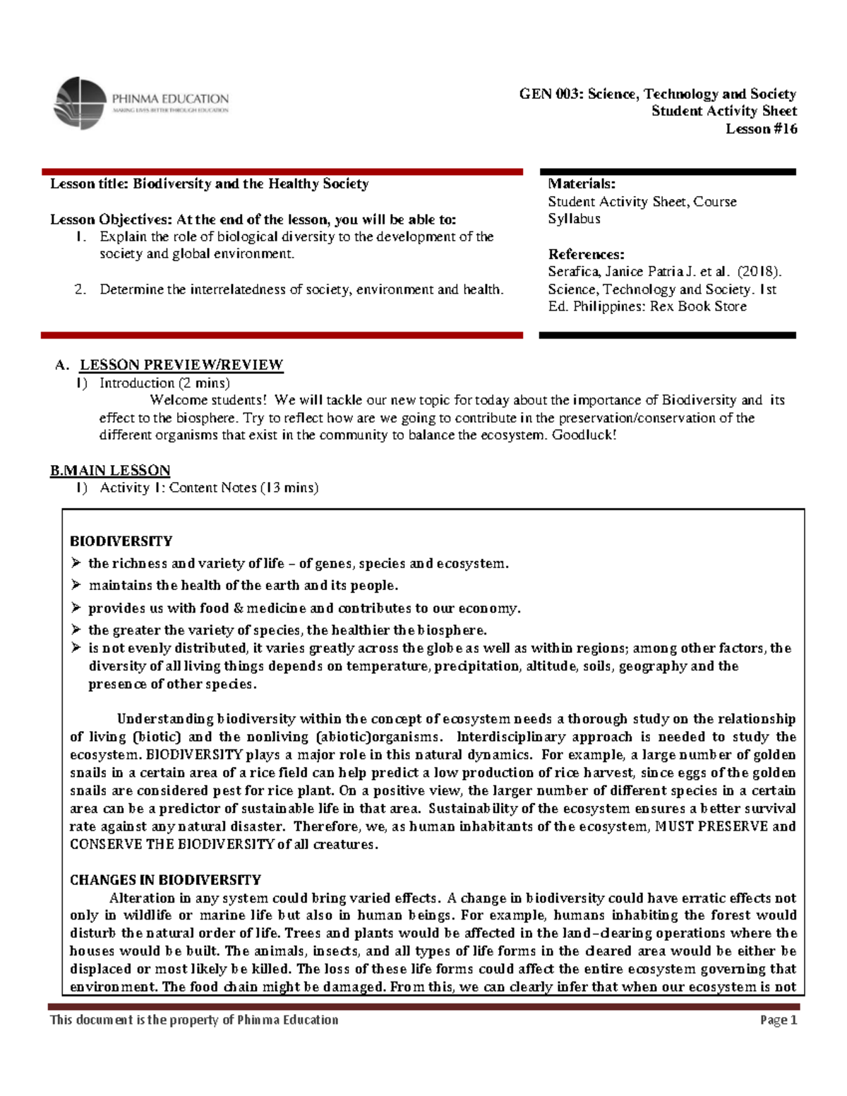 GEN 003: Biodiversity and its impact on society lesson activity sheet ...