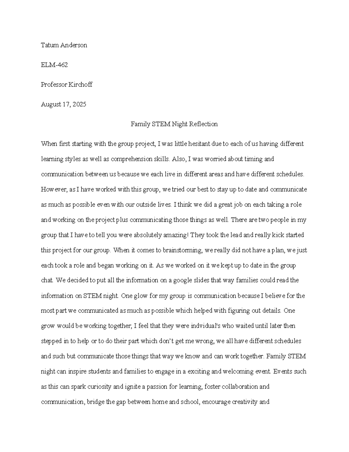 ELM-462 Family STEM Night Reflection: Group Project Insights - Studocu