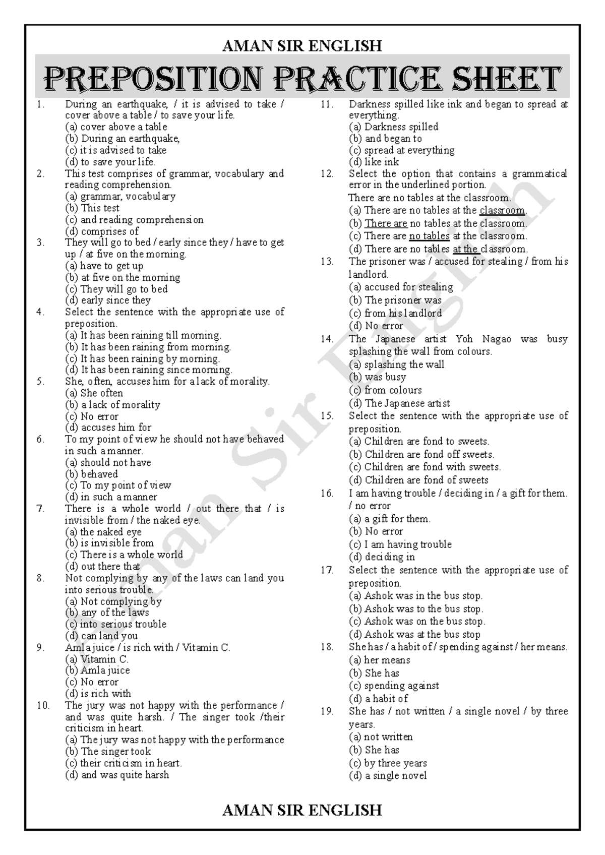 AMAN SIR ENGLISH Preposition Practice Sheet - Grammar Class 60 - Studocu