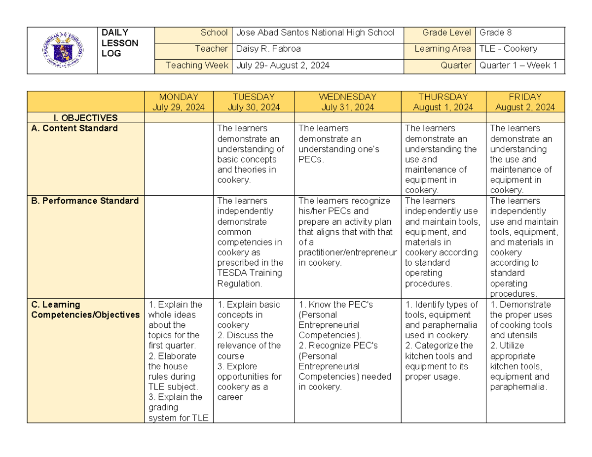 Cookery Lesson Plan for Grade 8 - DLL Q1 W1 - Studocu