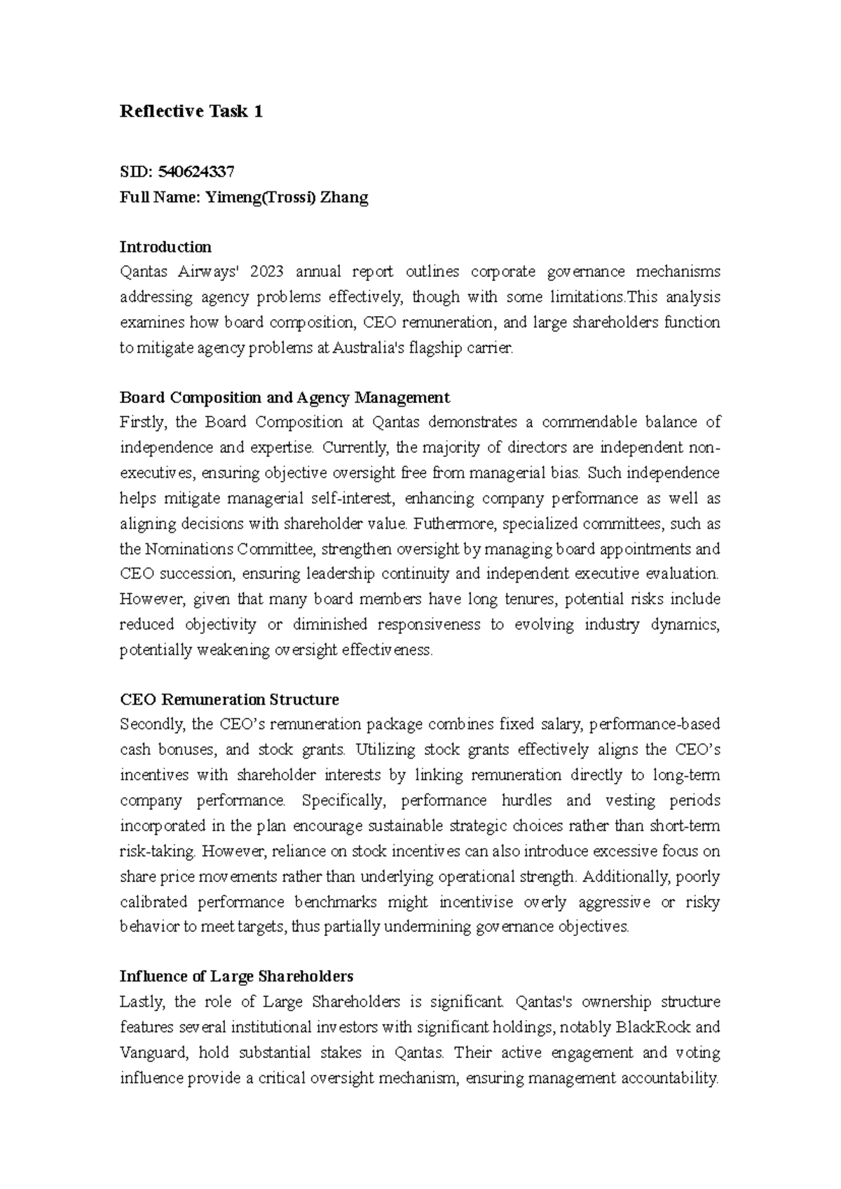 Reflective Task 1 - the reflection task of finc2011 - Reflective Task 1 SID: 540624337 Full Name ...