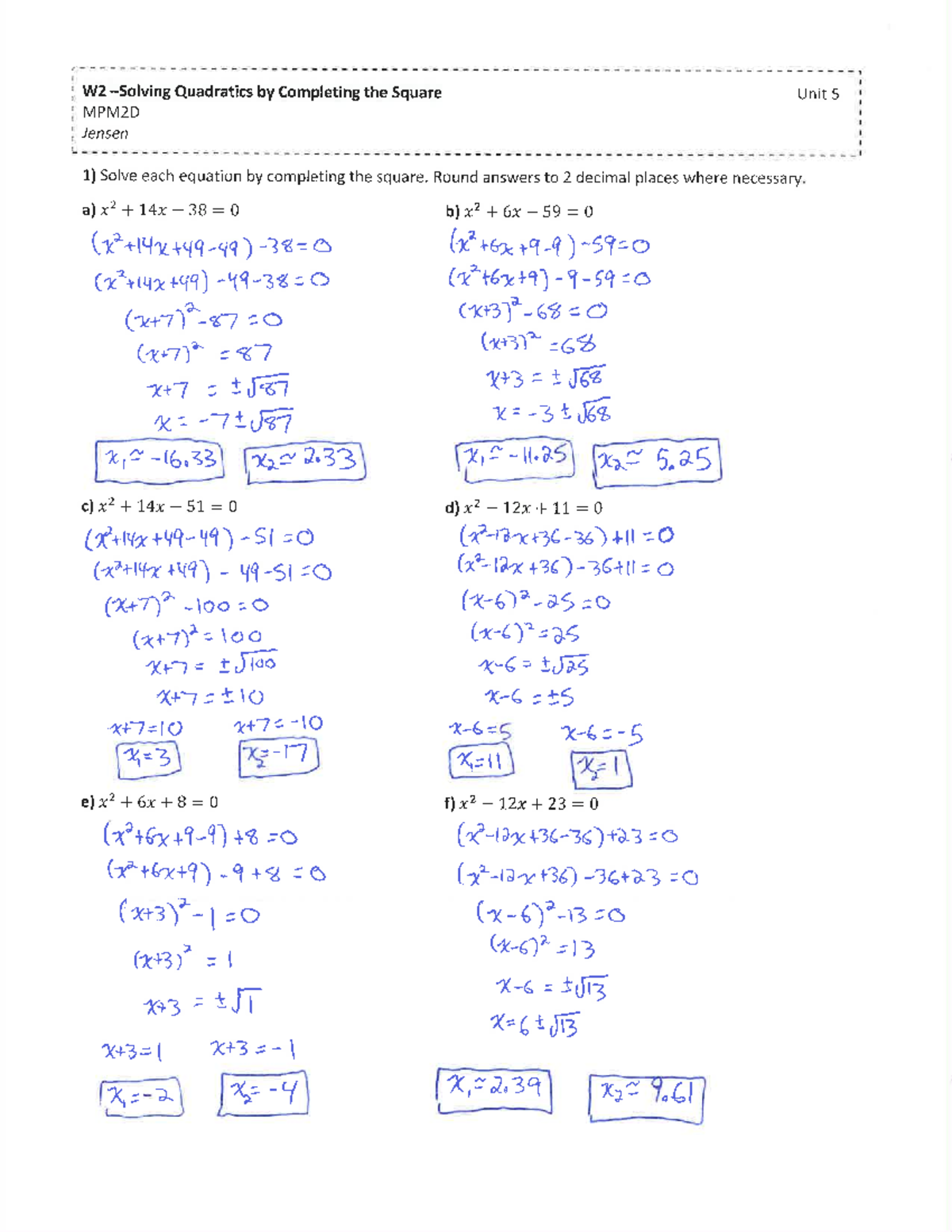 MPM2D W2 Final Exam: Solving Quadratics by Completing the Square - Studocu