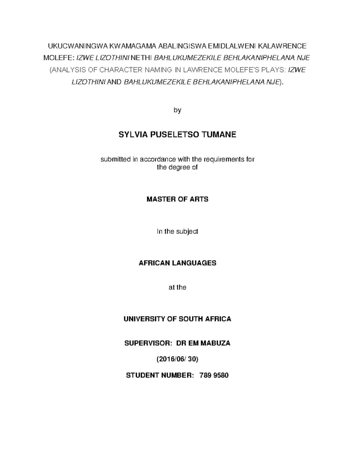 Dissertation: Analysis of Character Naming in Lawrence Molefe's Plays ...