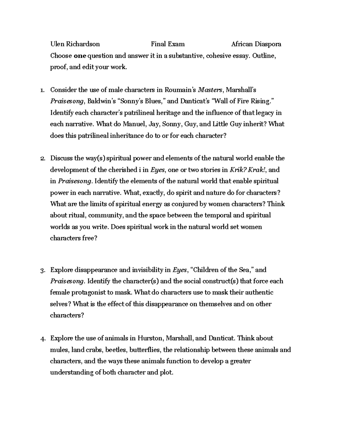Final Exam - Essay Questions on African Diaspora (Ulen Richardson ...