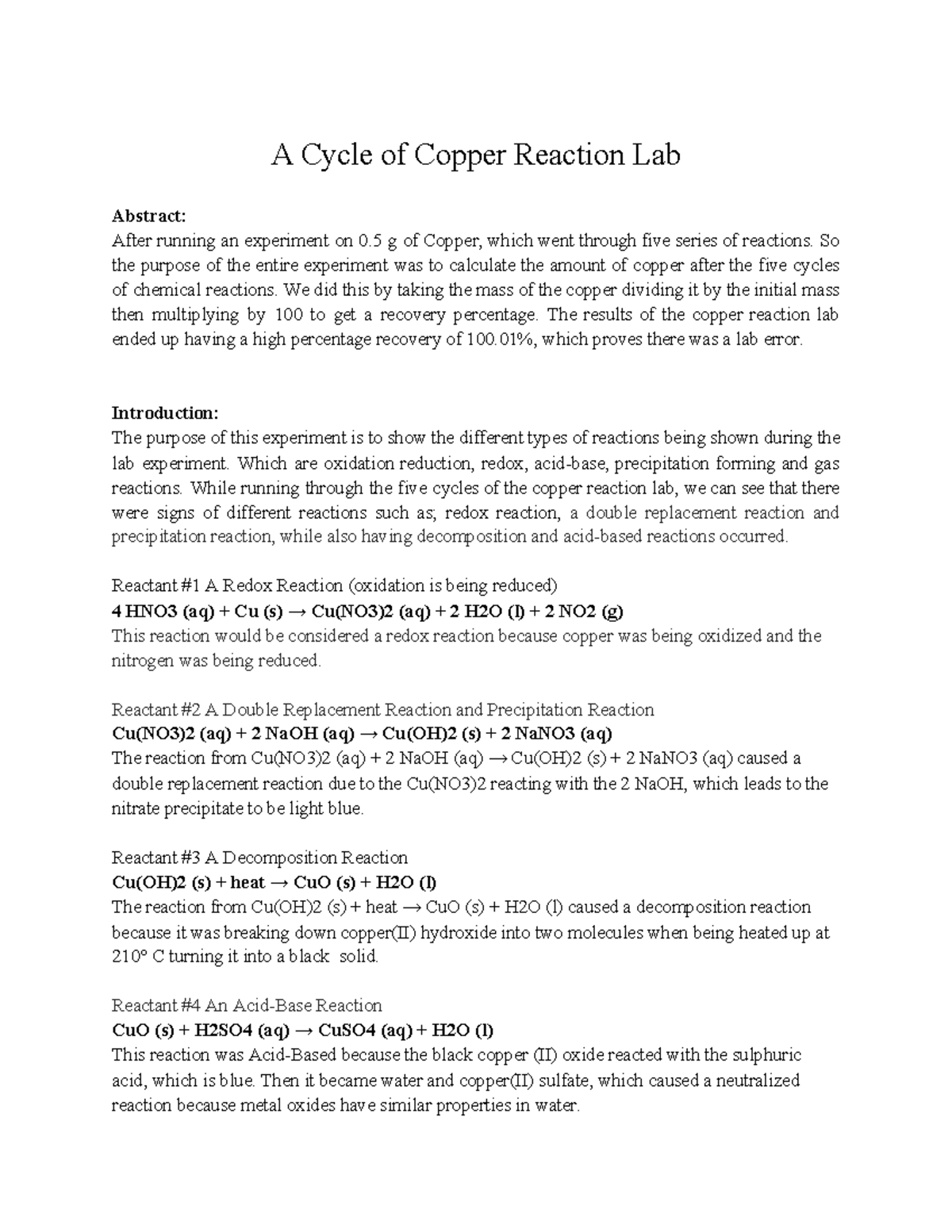 Cycle of copper reaction - So the purpose of the entire experiment was ...