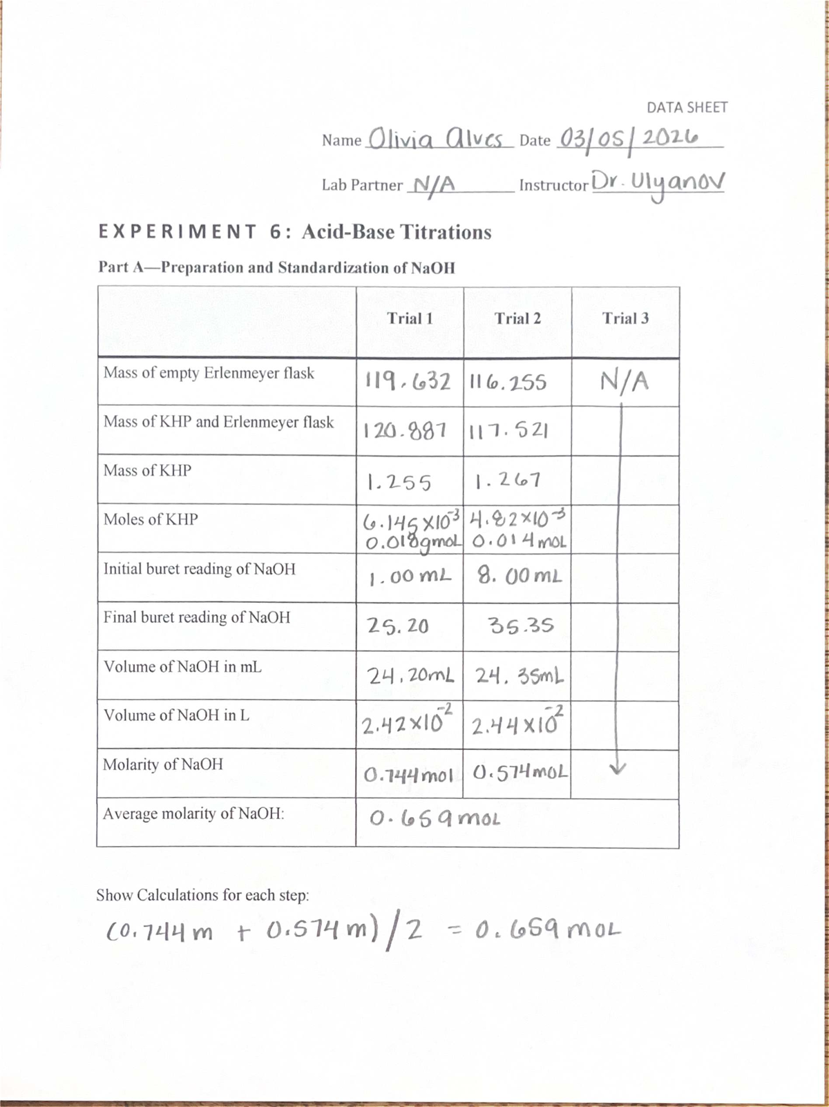 Experiment 6 Data Sheet: Titrations & NaOH Standardization - Studocu