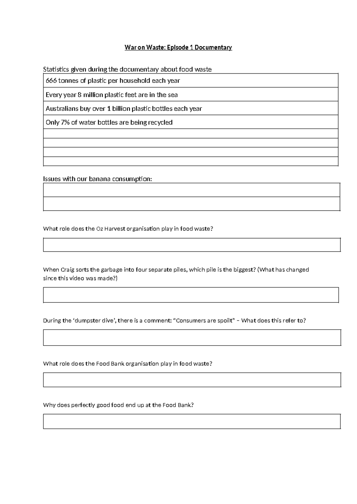 War on Waste Documentary Worksheet (002) - Studocu