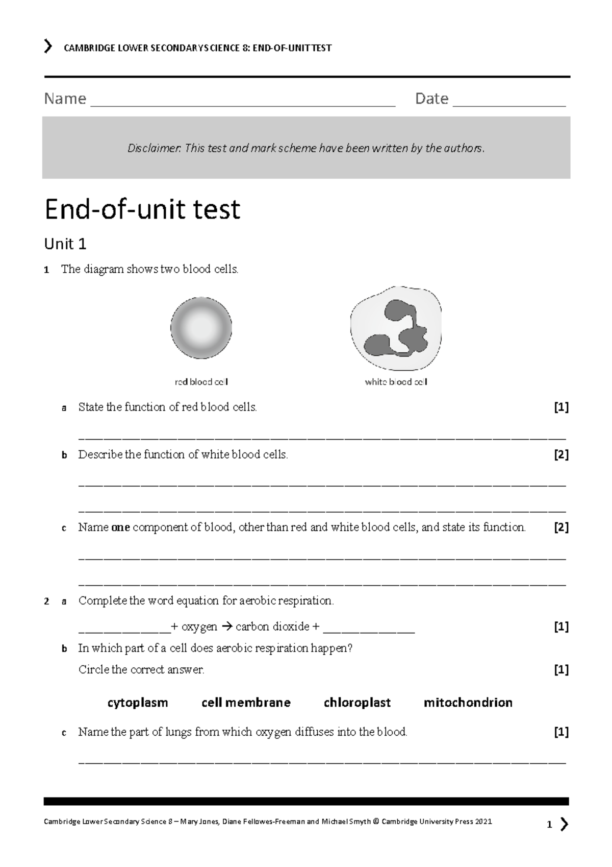 CAMBRIDGE LOWER SECONDARY SCIENCE 8: UNIT TEST OVERVIEW AND ANSWERS ...