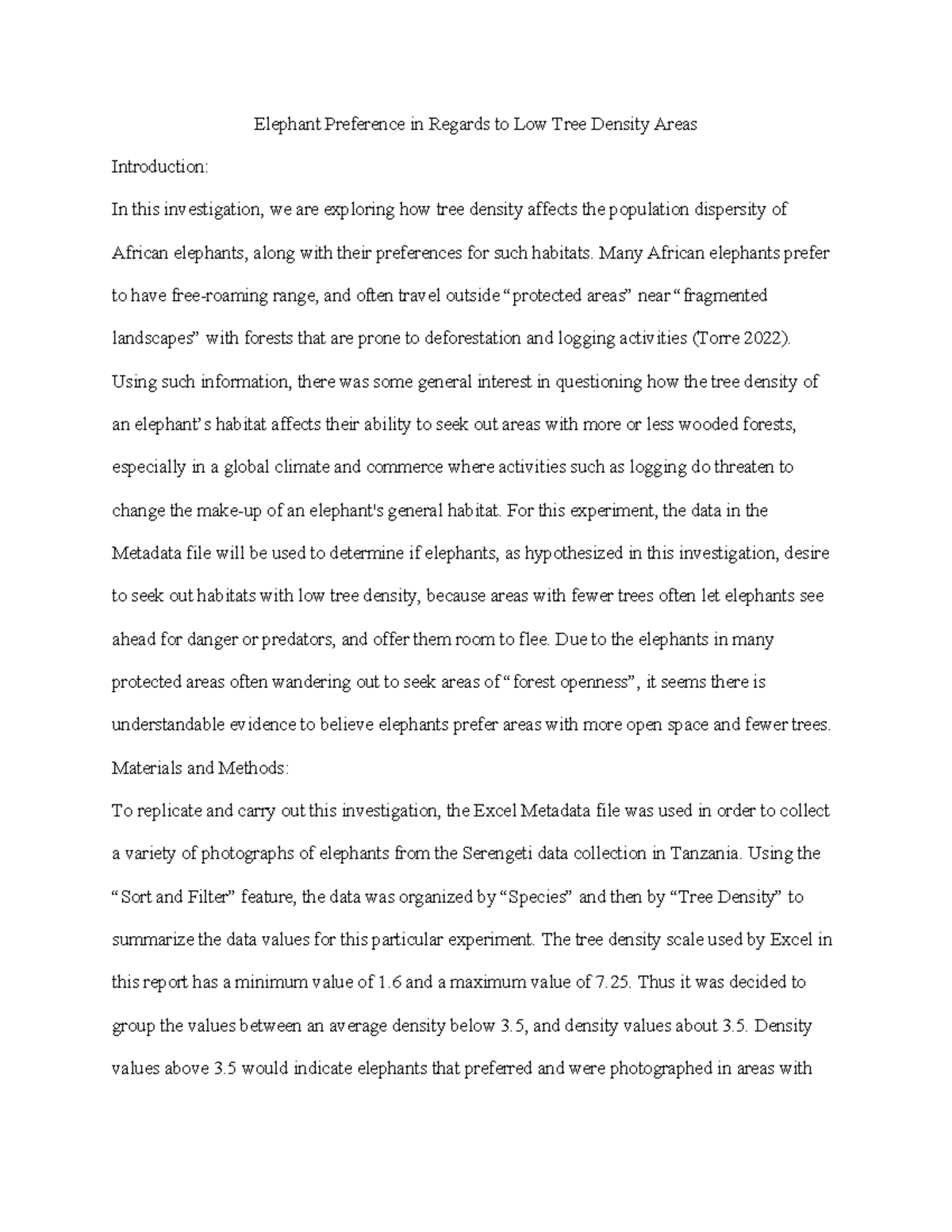 Serengeti Ecology II Lab Report: Elephant Tree Density Preferences ...