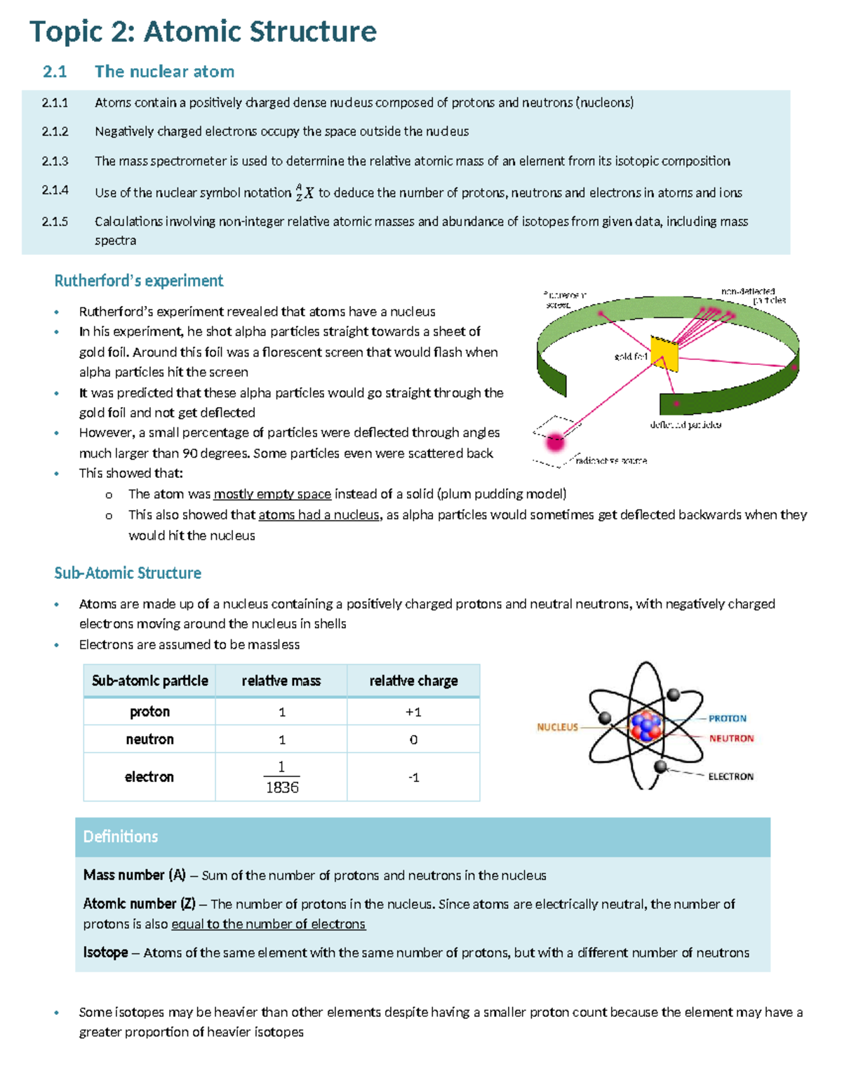 Topic 2: Atomic Structure - Summary of Key Concepts and Experiments ...