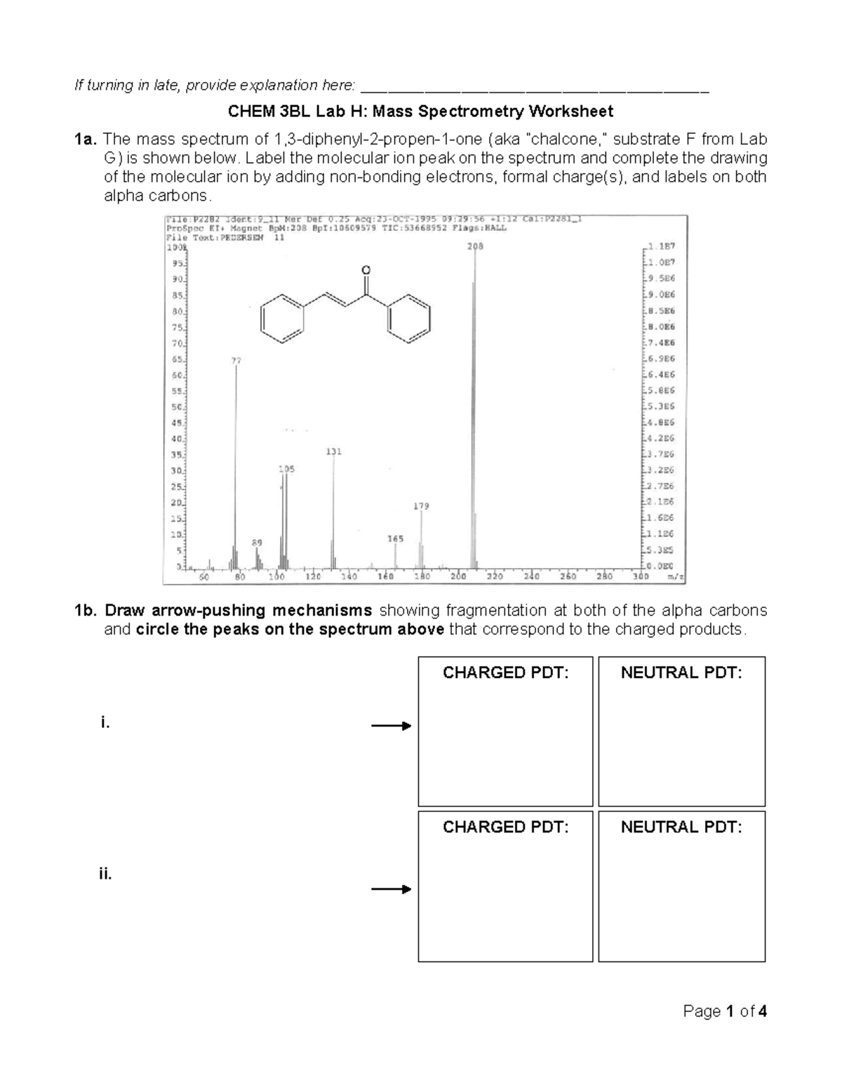 CHEM 3BL Lab H: Mass Spectrometry Worksheet & Analysis - Studocu