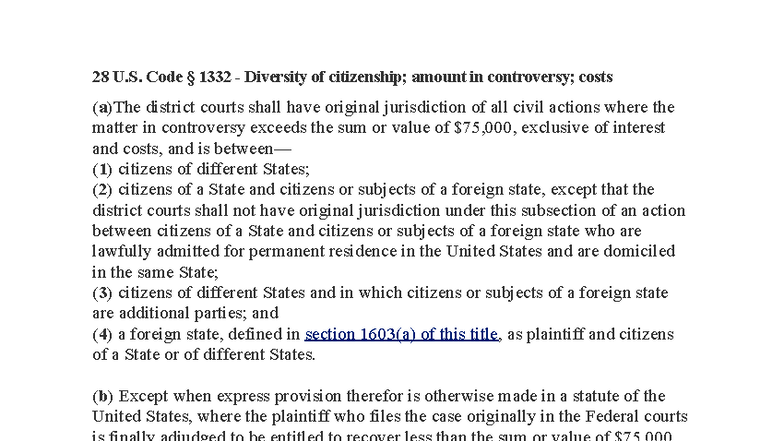 28 U.S. Code § 1332 - Diversity Jurisdiction Explained - Studocu