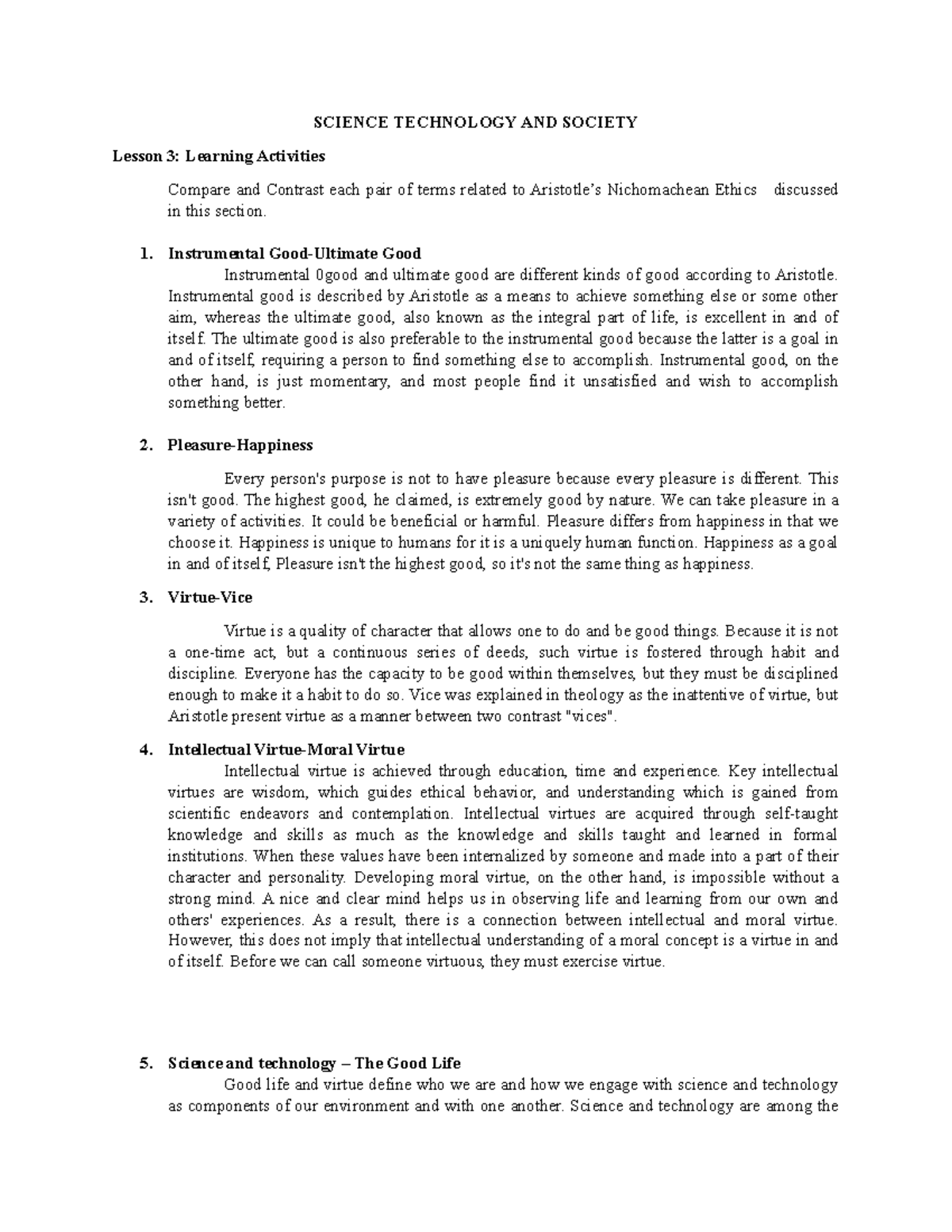 Lesson 3 - Learning Activity - SCIENCE TECHNOLOGY AND SOCIETY Lesson 3 ...