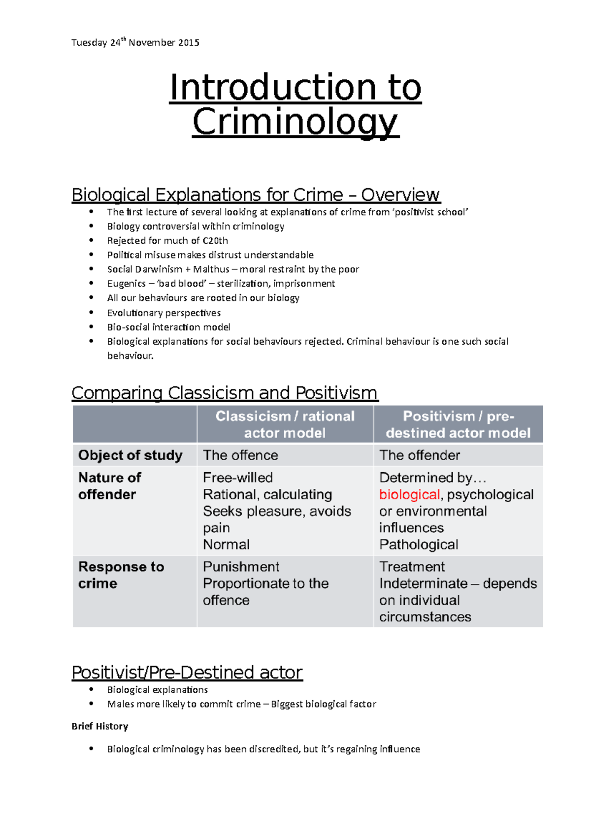 Intro to Criminology - Biological Explanations for Crime Overview - Studocu