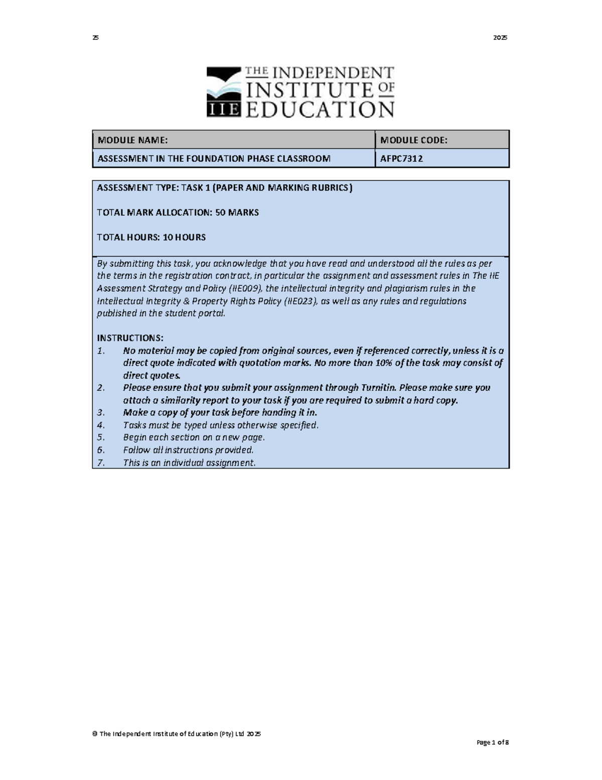 AFPC7312 Assessment in the Foundation Phase: Task 1 Guidelines - Studocu