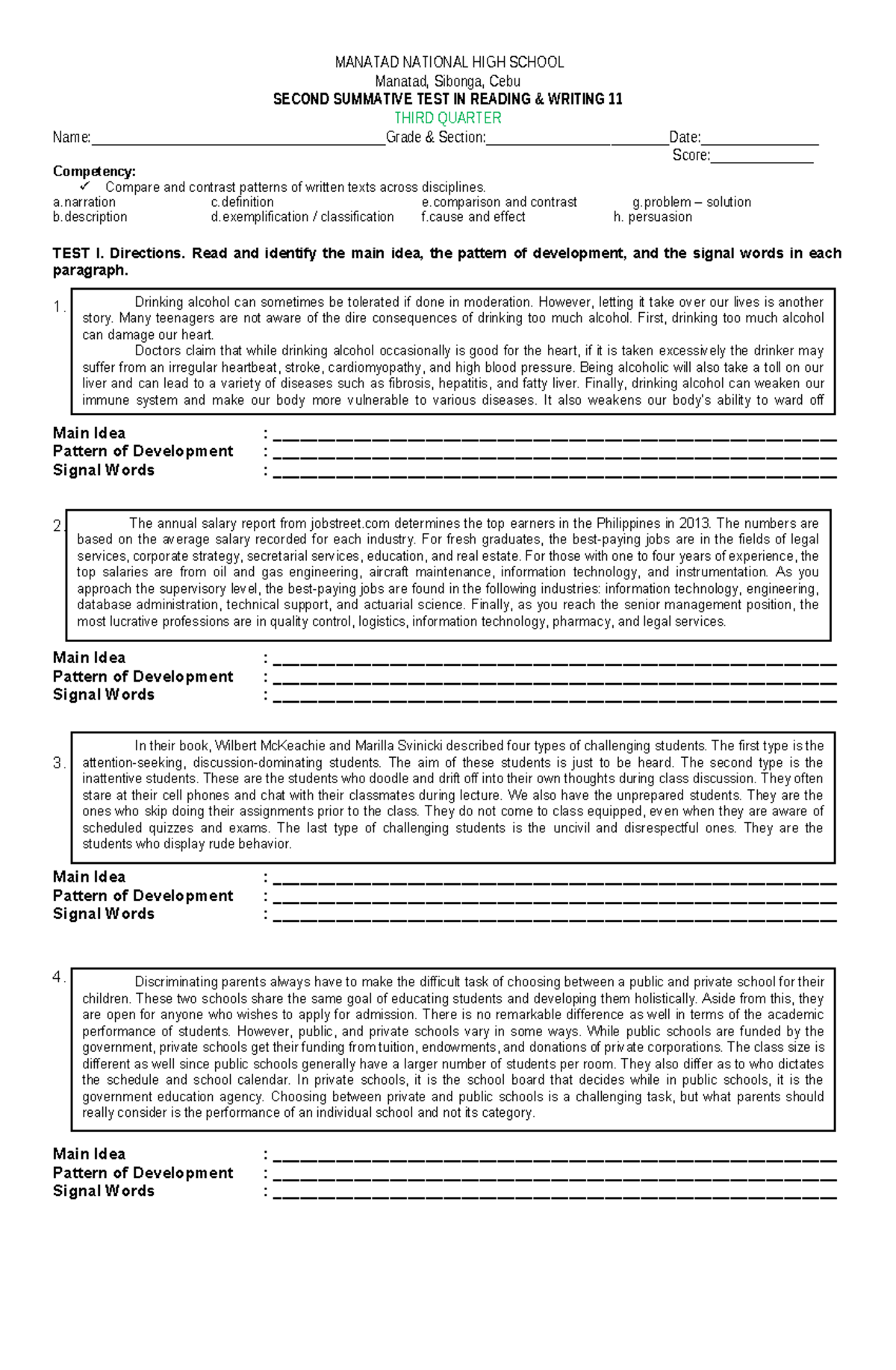 RW 11 2nd Summative Test - Quiz on Written Text Patterns - Studocu