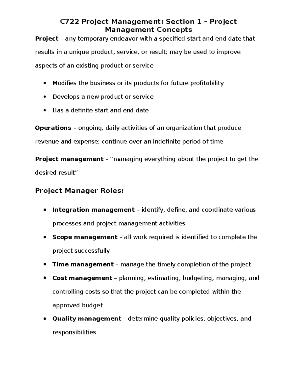 C722 Project Management Concepts Overview and Key Roles - Studocu