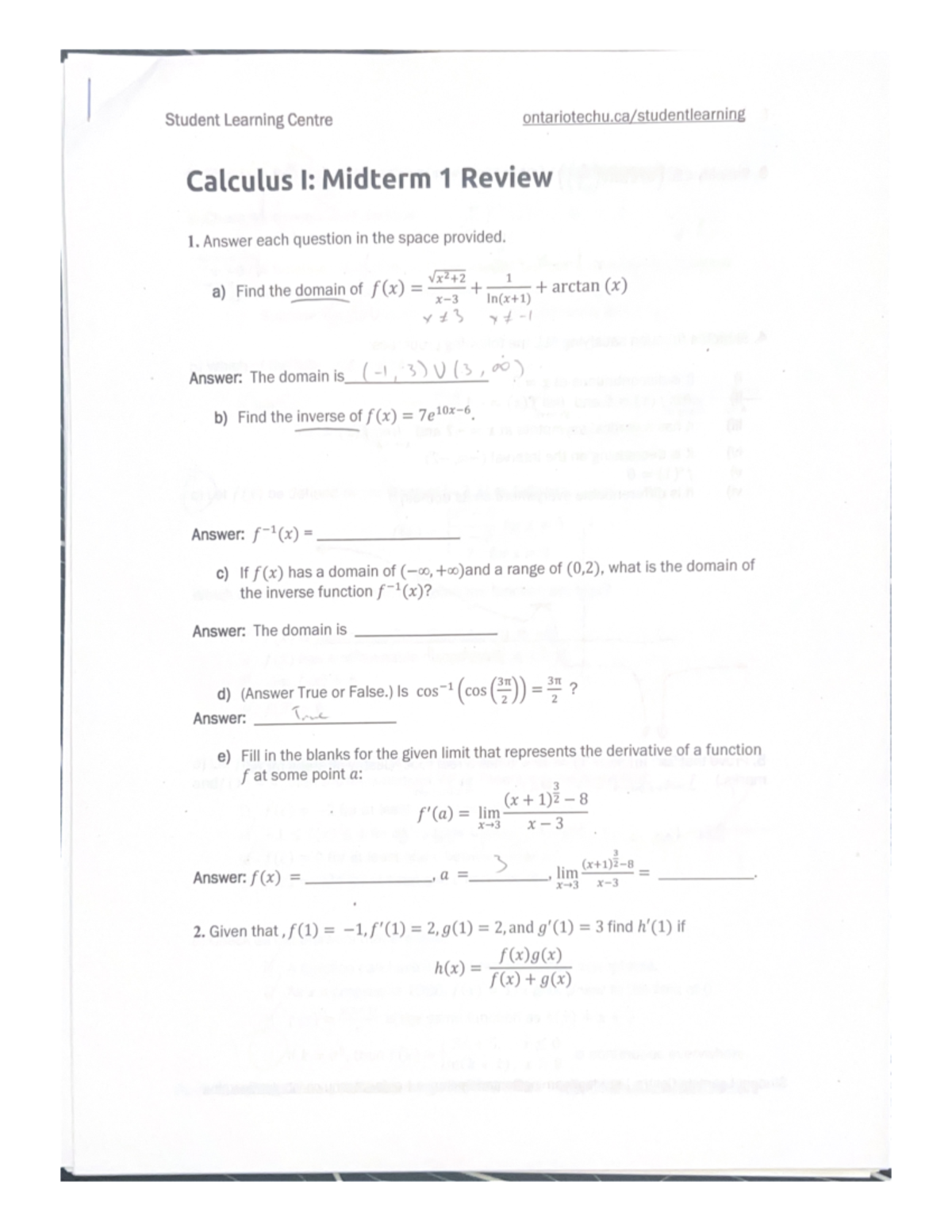 Calculus 1 midterm review - Student Learning Centre Calculus I: Midterm ...