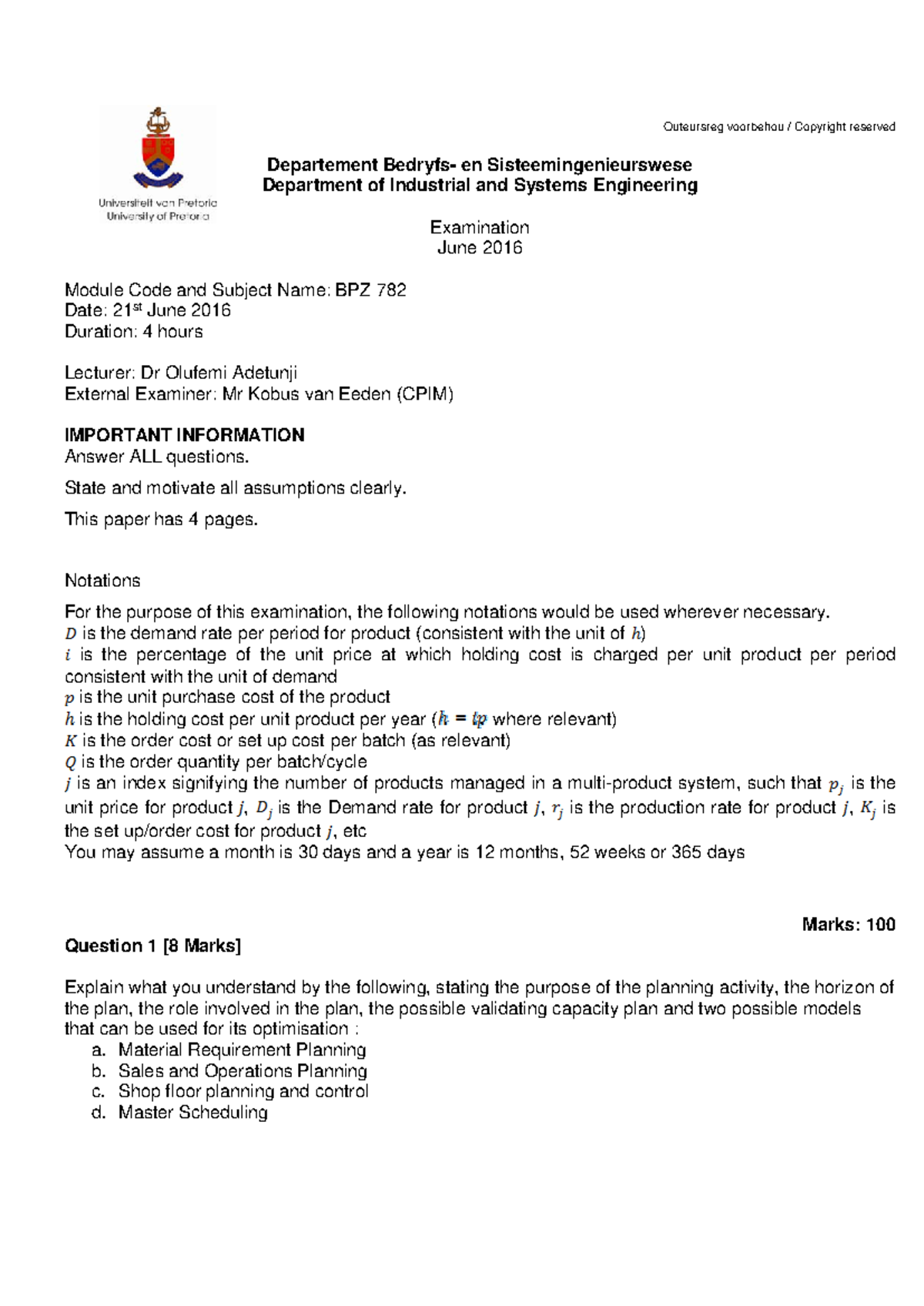 BPZ 782 June 2016 Exam: Industrial & Systems Engineering Insights - Studocu