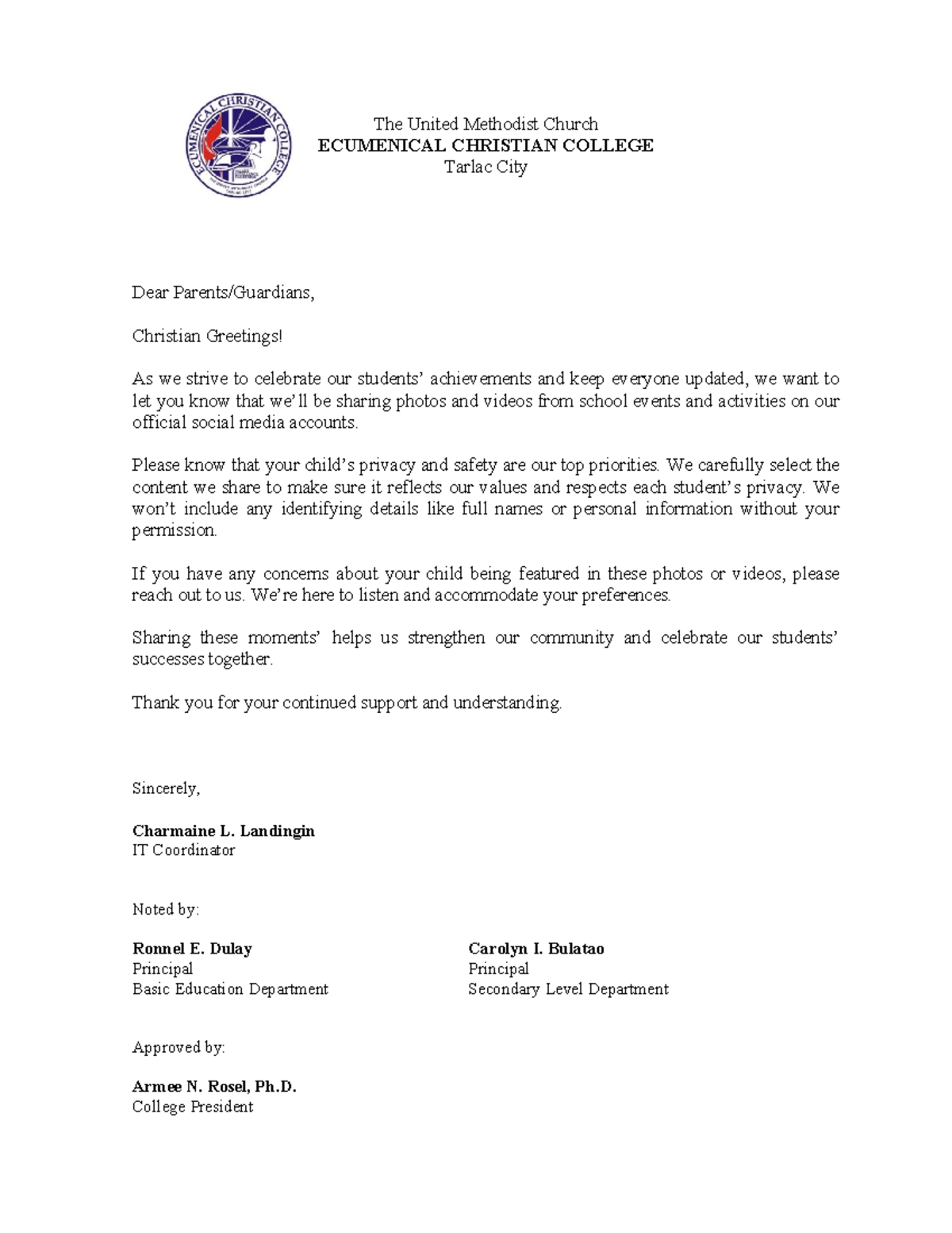 Letter for parents - The United Methodist Church ECUMENICAL CHRISTIAN ...