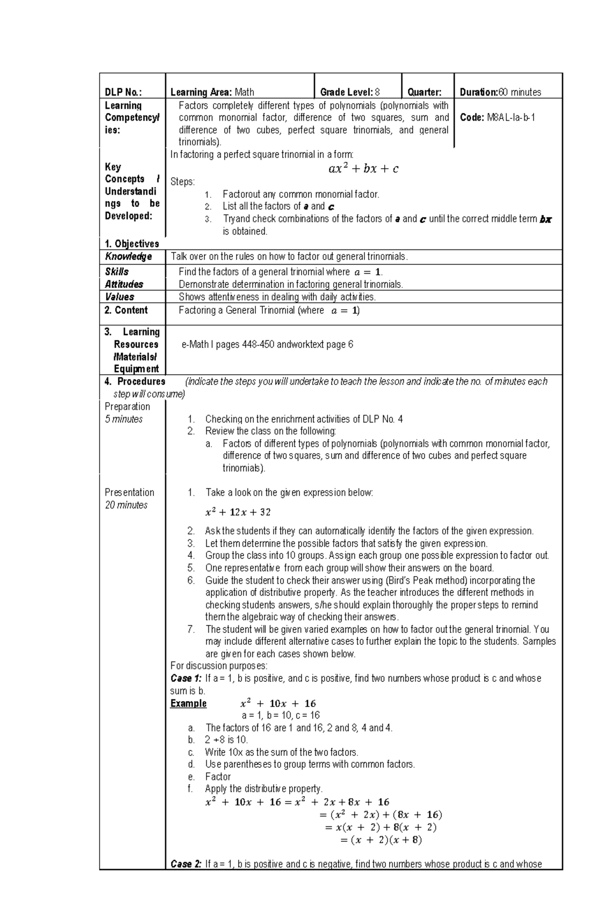 DLP4 Math 8 Q1: Lesson Plan on Factoring Perfect Square Trinomials ...