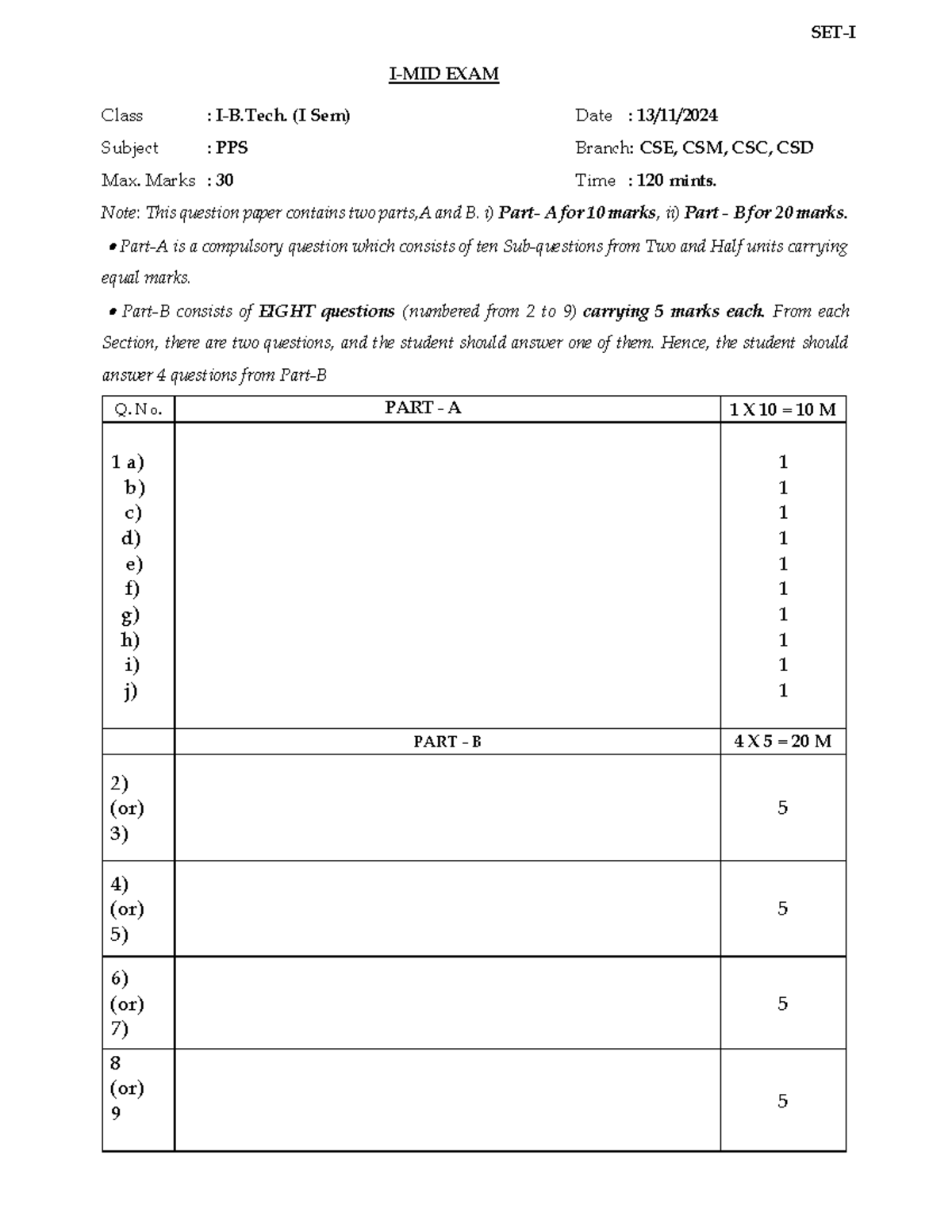MID Term Exam Pattern - PPS (I Sem) - CSE, CSM, CSC, CSD - Studocu