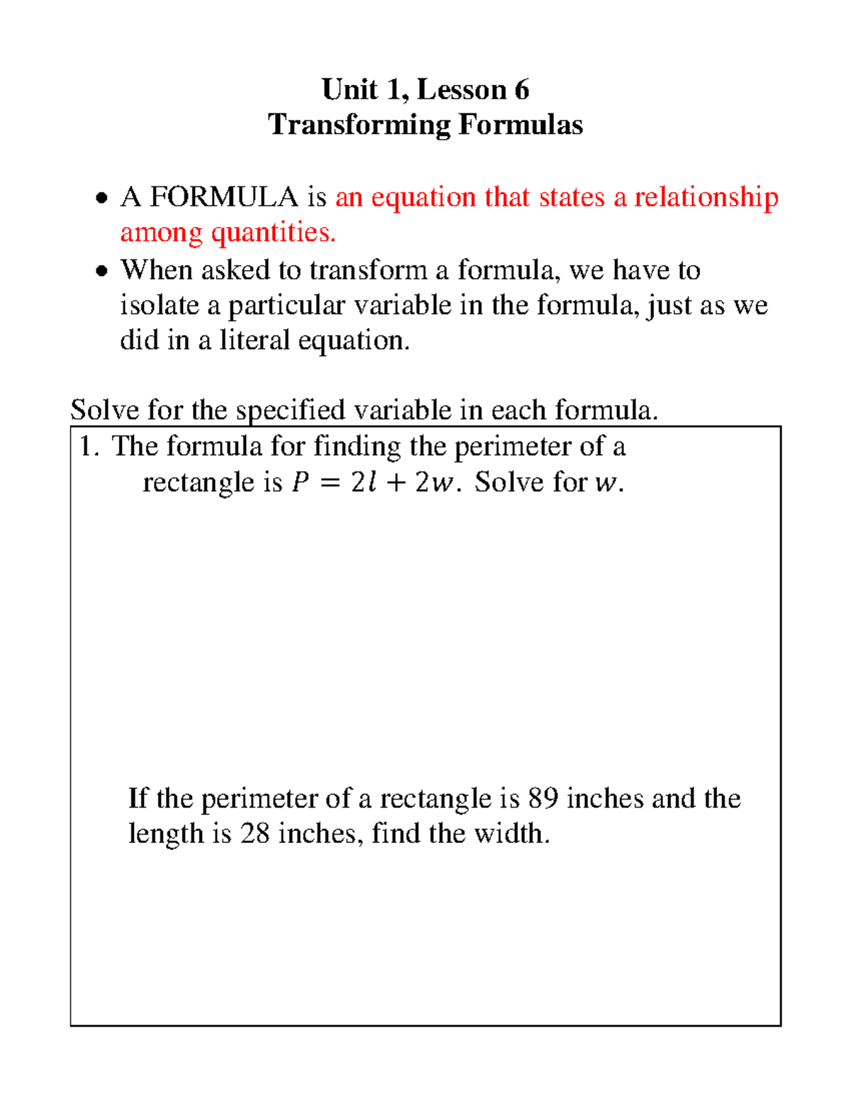 Algebra 2023: Unit 1, Lesson 6 - Transforming Formulas - Studocu