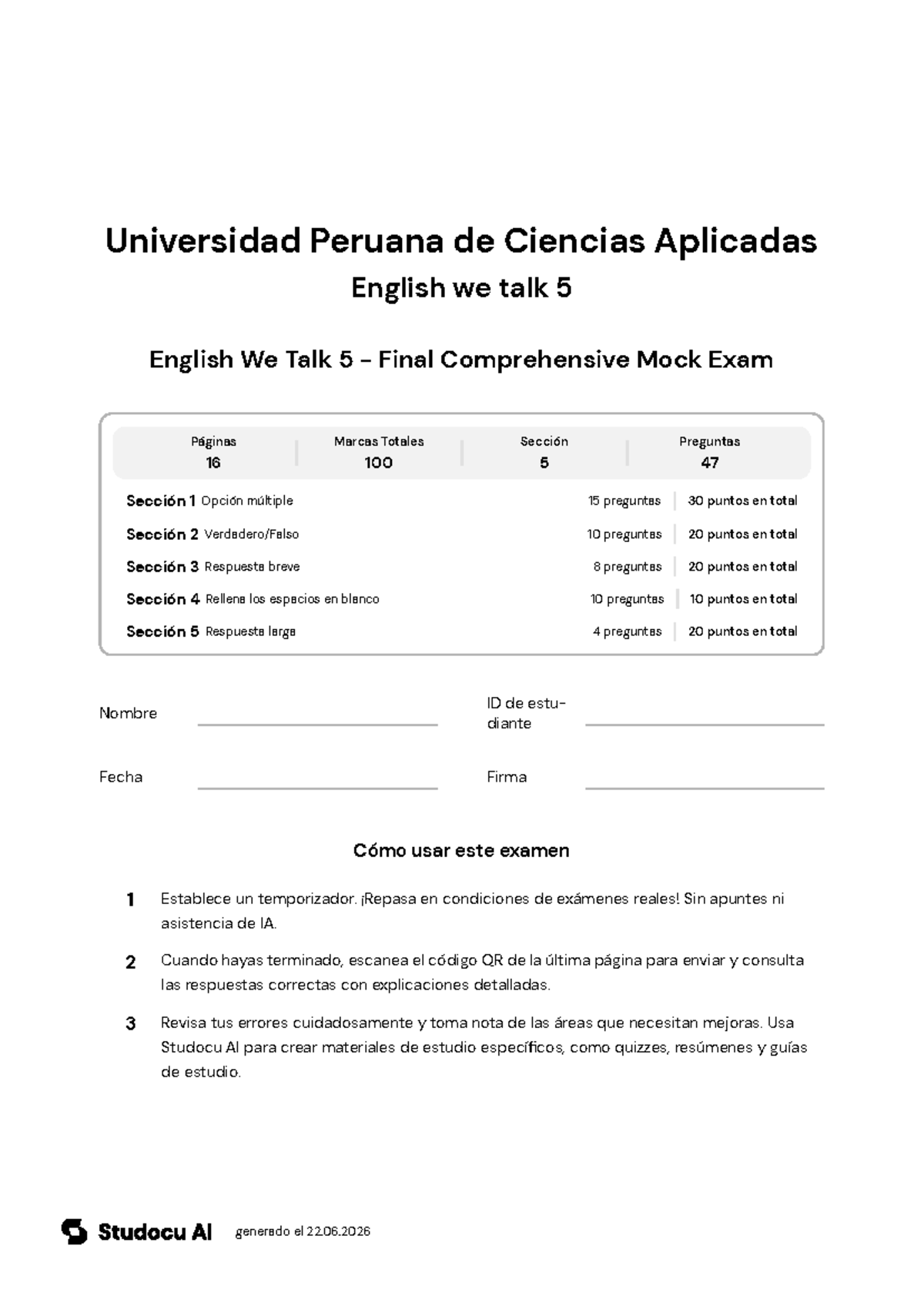 English We Talk 5 - Final Comprehensive Mock Exam - Studocu