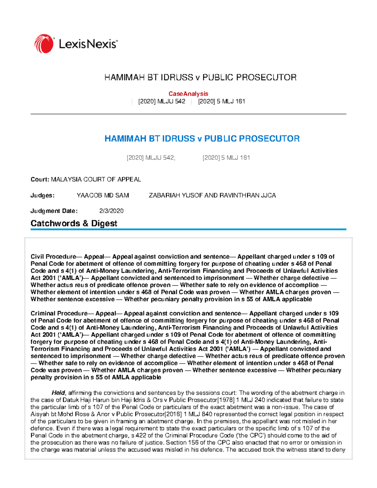 Case Study: Hamimah BT Idruss v Public Prosecutor - [2020] MLJU 542 ...