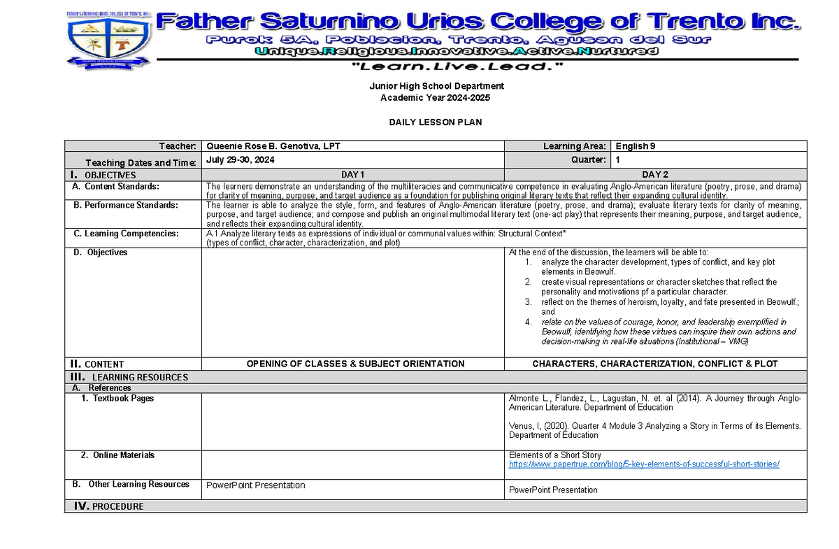 Q1-Wk1 Daily Lesson Plan for English 9: Understanding Beowulf - Studocu