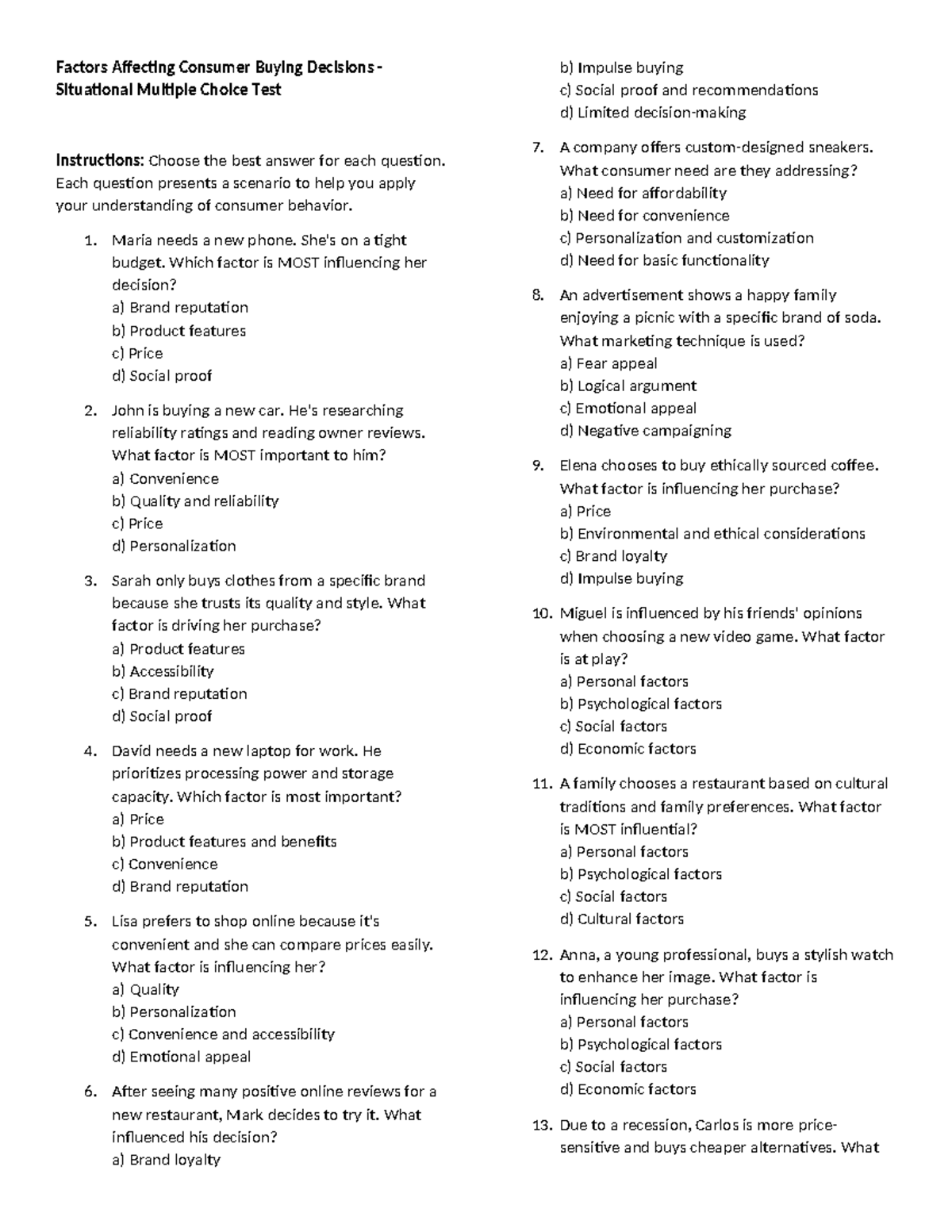 Consumer Behavior Factors: Situational Multiple Choice Test (CST 101 ...
