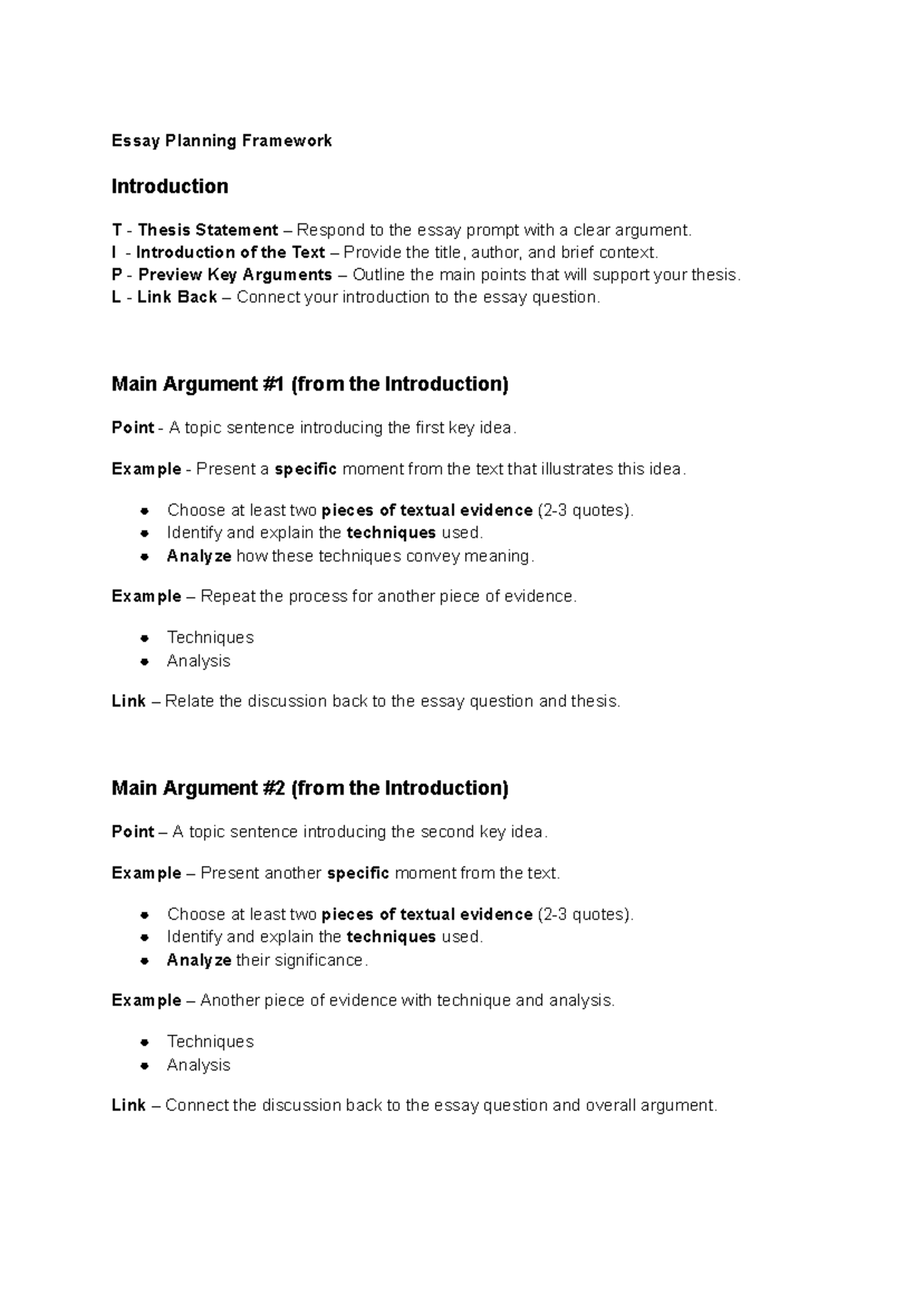English Essay Scaffold - Essay Planning Framework Introduction T ...