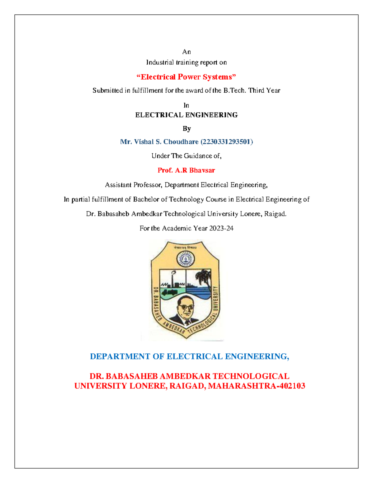 Vishal's Final Internship Report on Electrical Power Systems (B.Tech) - Studocu