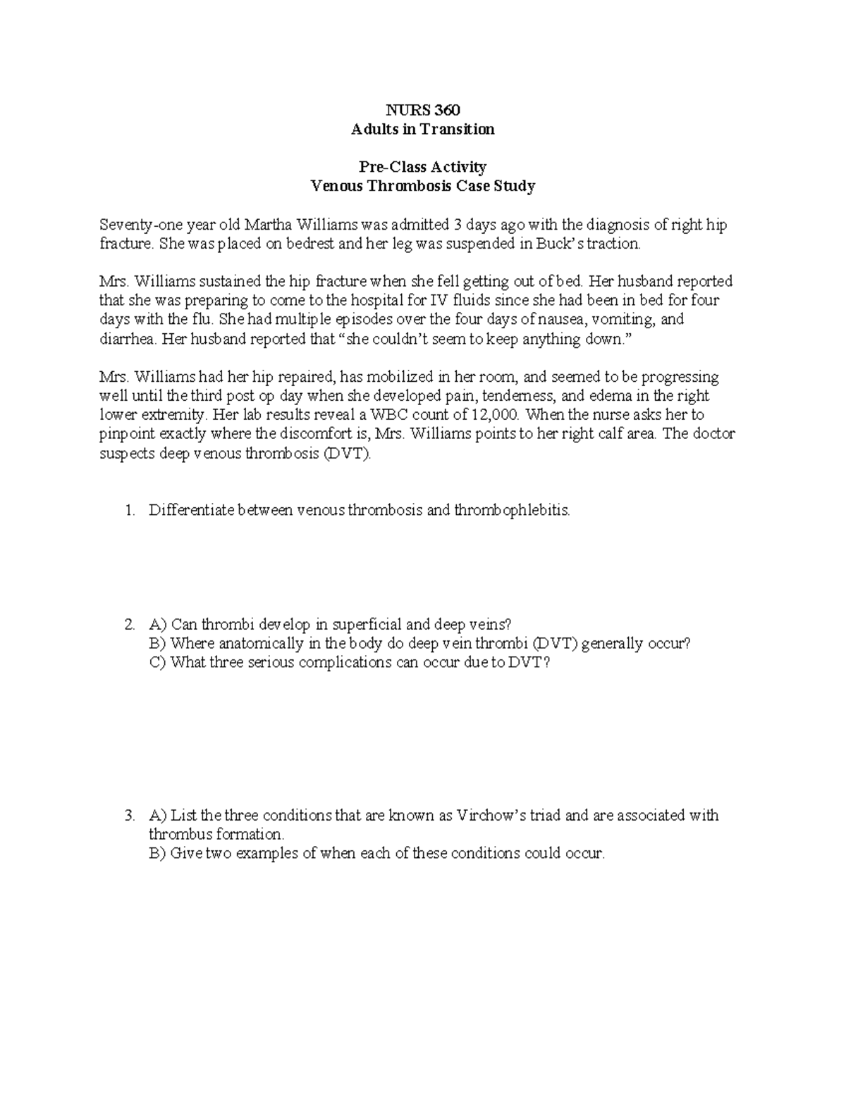 NURS 360 Venous Thrombosis Case Study: Mrs. Williams' DVT Analysis ...