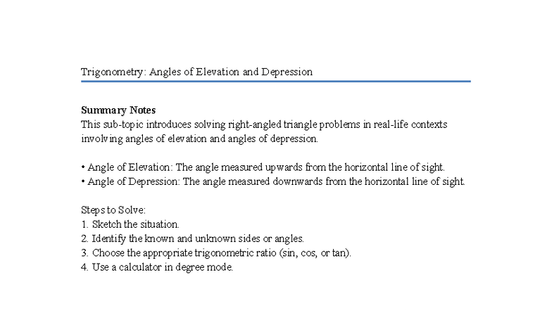 Trigonometry elevation depression - Trigonometry: Angles of Elevation ...