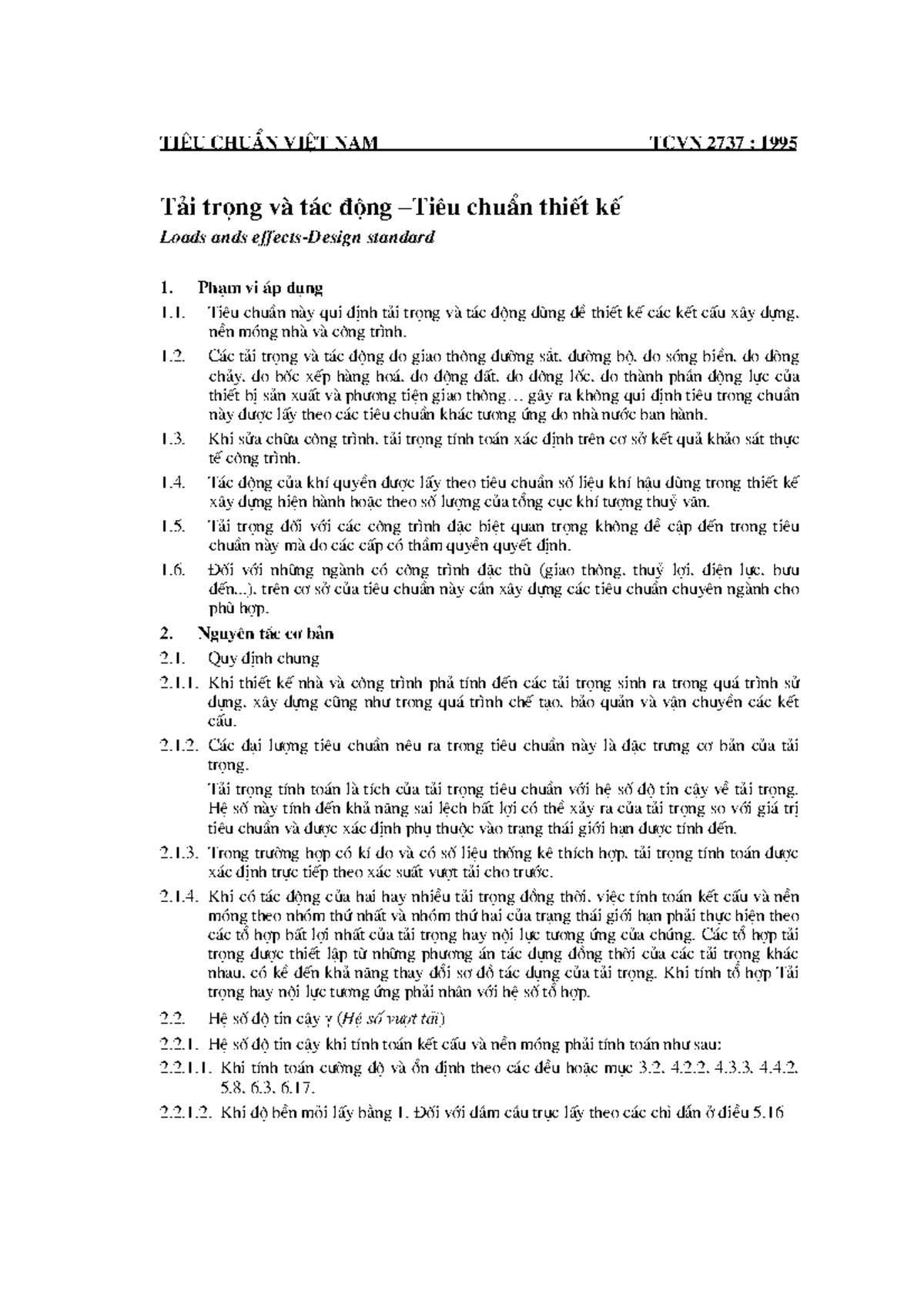 TCVN 2737-1995: Tai Trong Va Tac Dong - Tieu Chuan Thiet Ke - Studocu